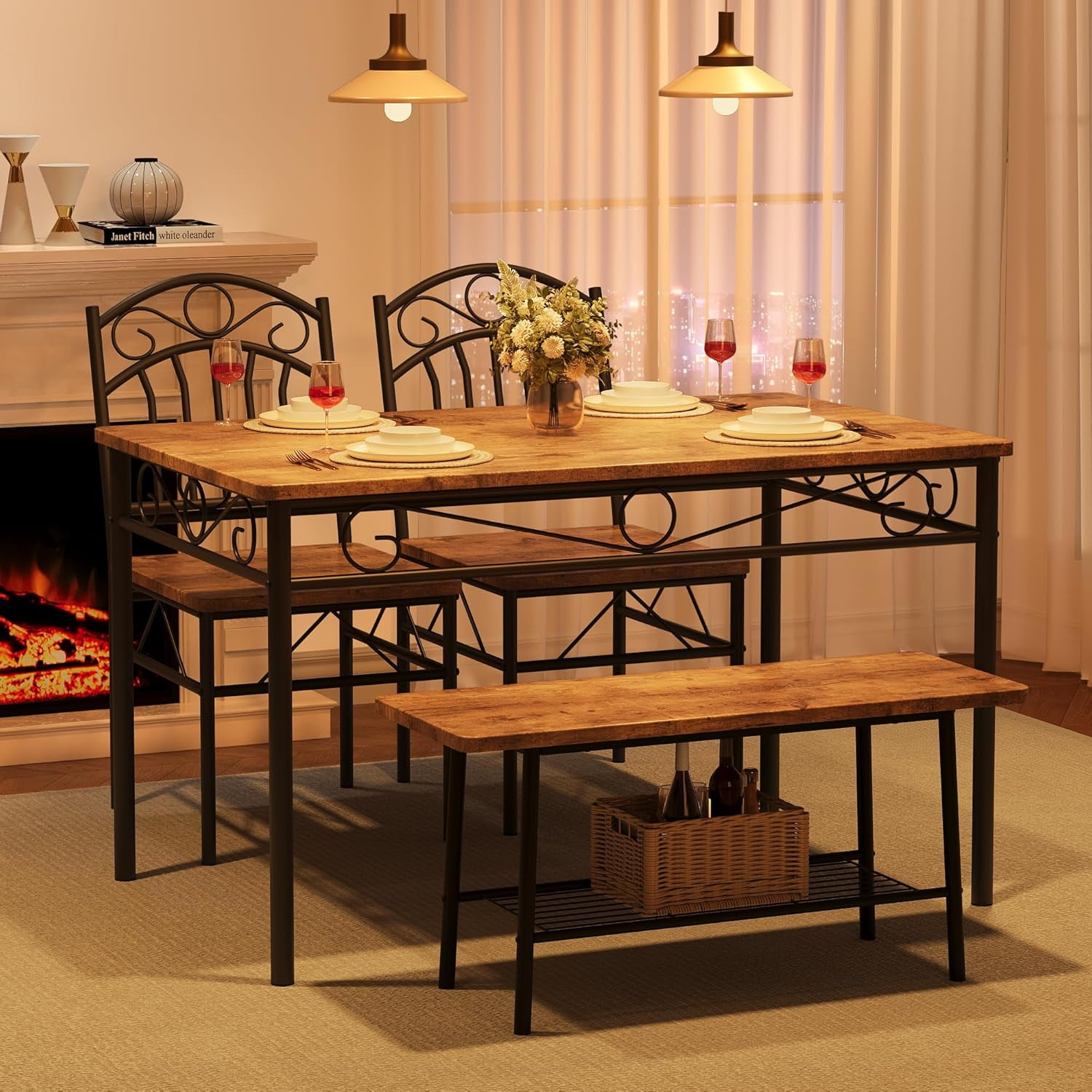 Joyspirit Industrial 4-Piece Dining Table Set for 4, 43.3" Retro Brown ...