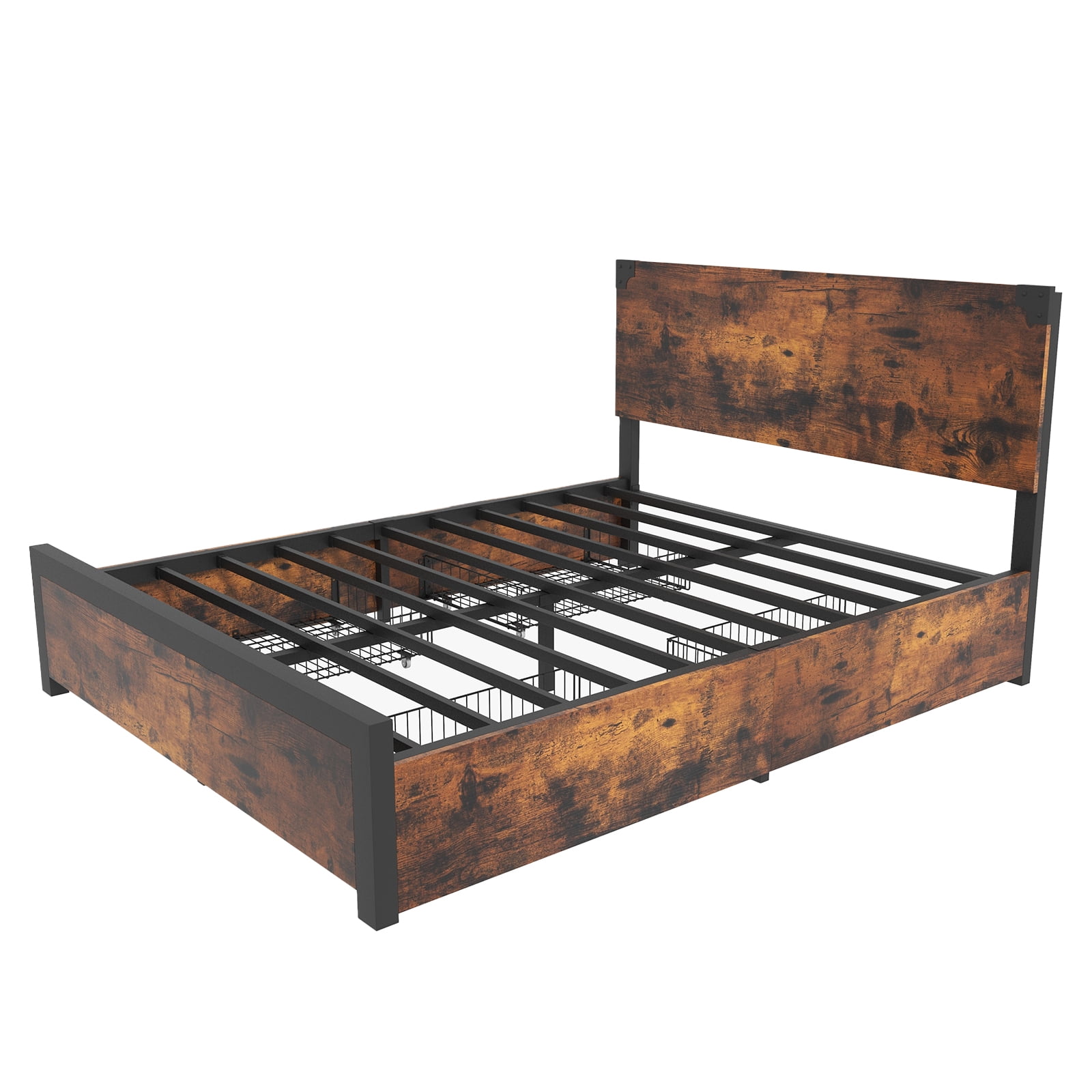 Joyspirit Rustic Wooden Bed Frame with Headboard and Integrated Storage ...