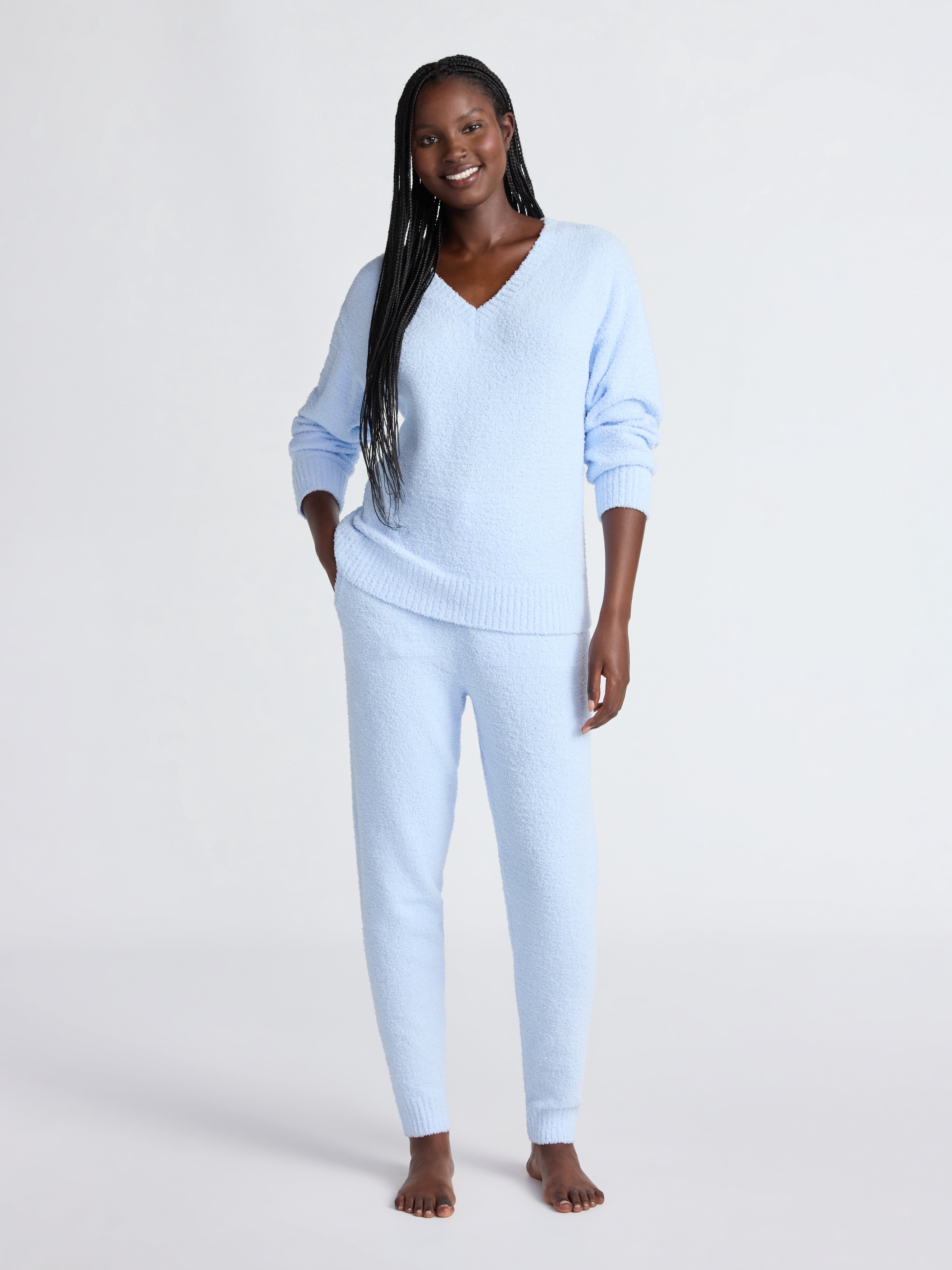 Joyspun Women's Fuzzy Knit V-Neck Top and Joggers Set, 2-Piece, Sizes ...