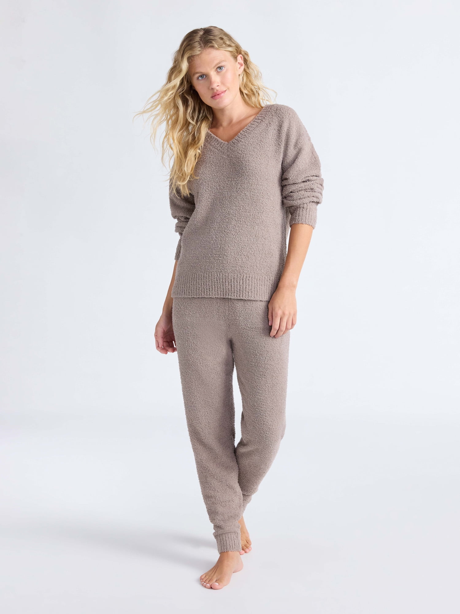 Joyspun Women's Fuzzy Knit V-Neck Top and Joggers Set, 2-Piece, Sizes ...