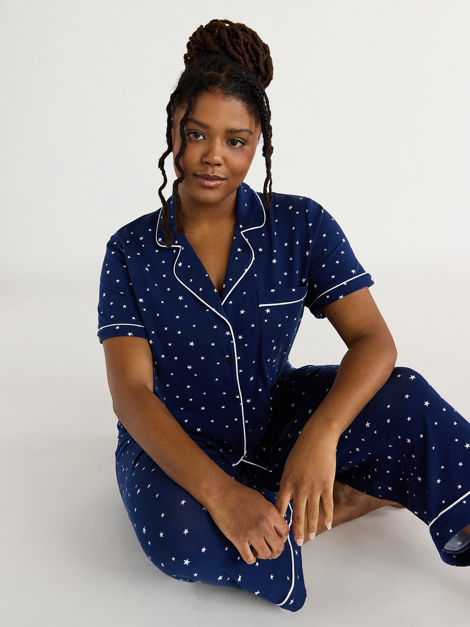 Joyspun Womens Cotton Blend Notch Collar Top And Capri Pants Pajama
