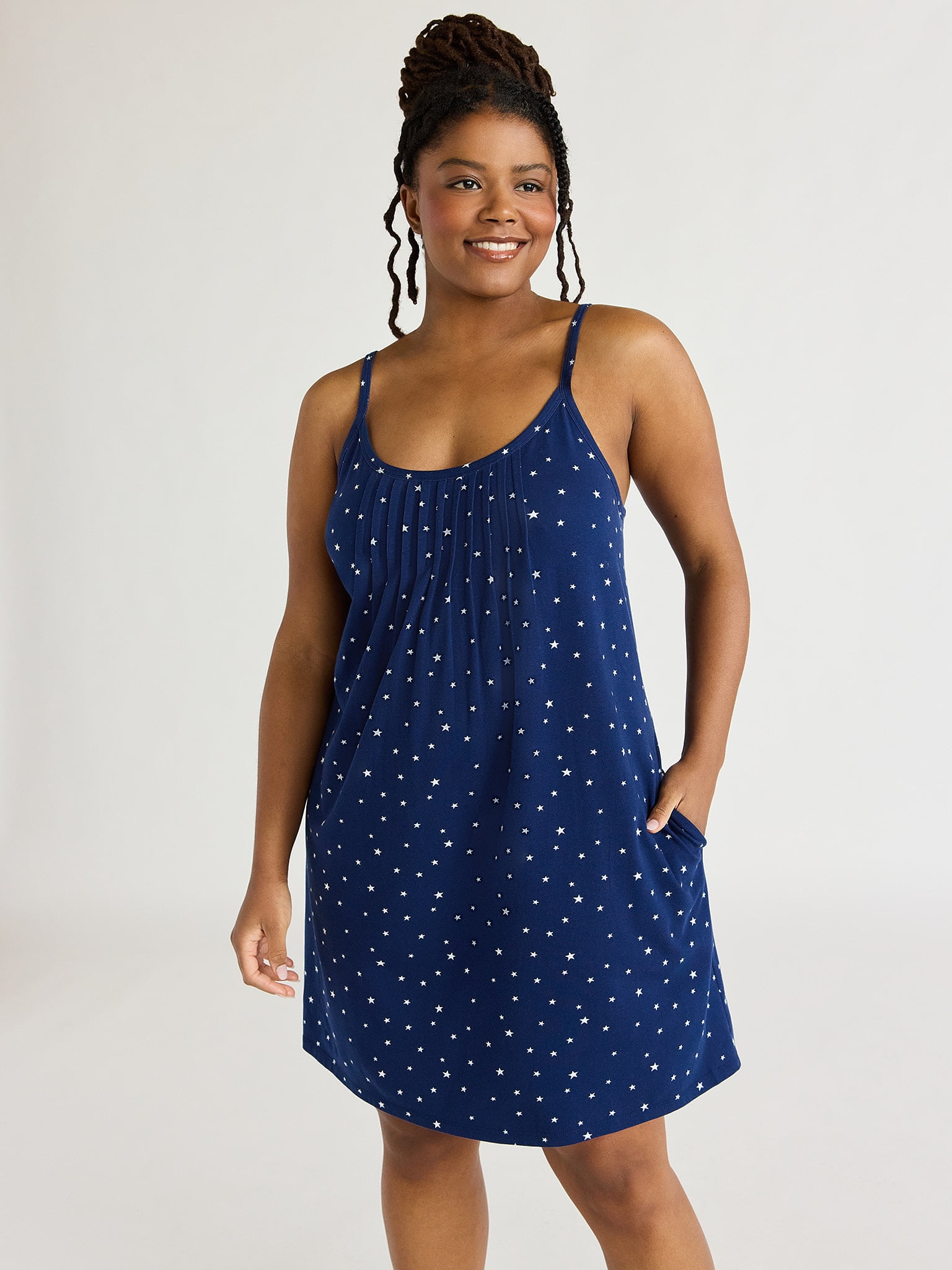 Joyspun Women's Cotton Blend Pleated Sleep Chemise with Pockets, Sizes ...