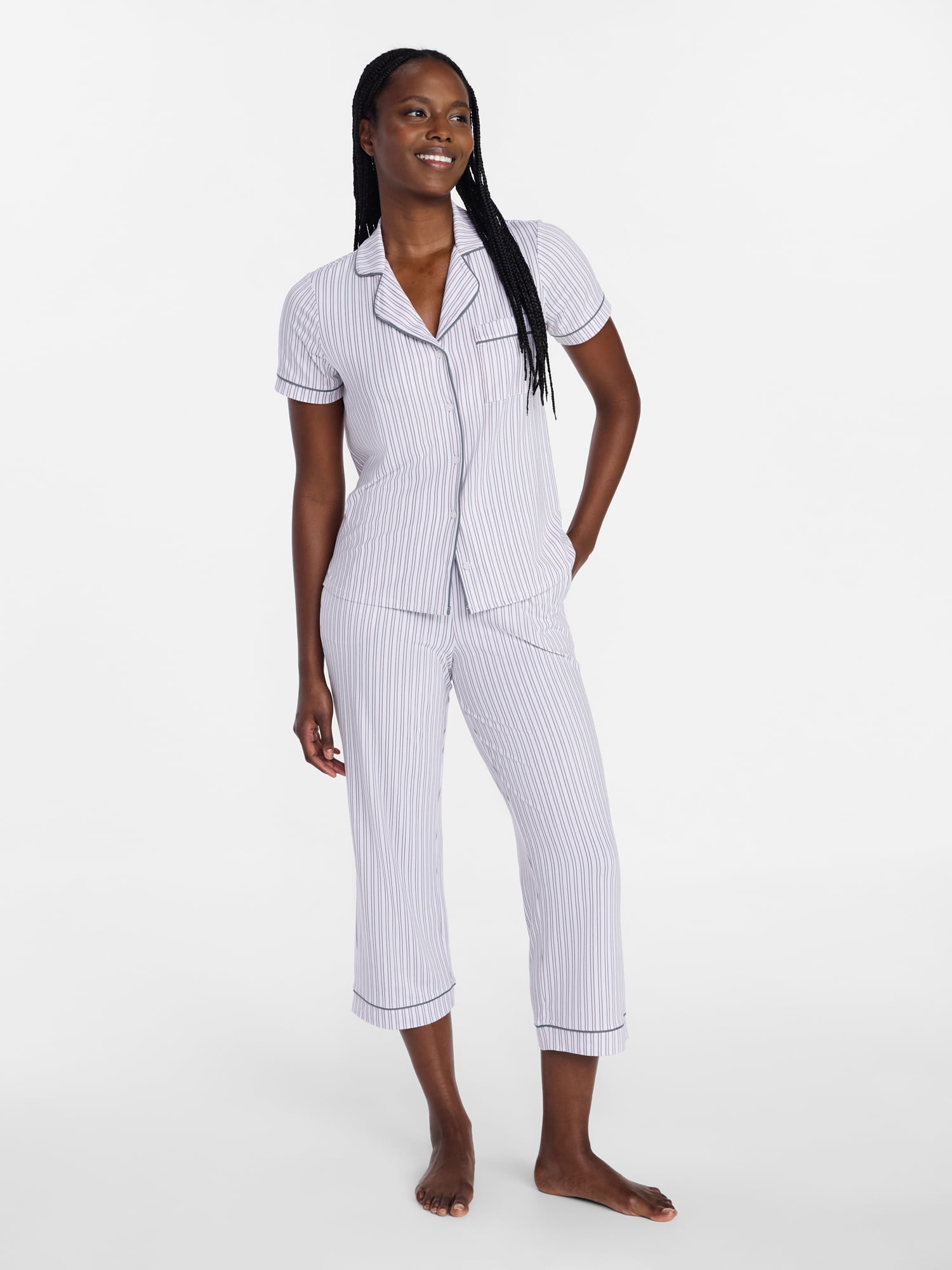 Joyspun Women's Dreamy Soft Collection Notch Collar Top and Capri Pants ...