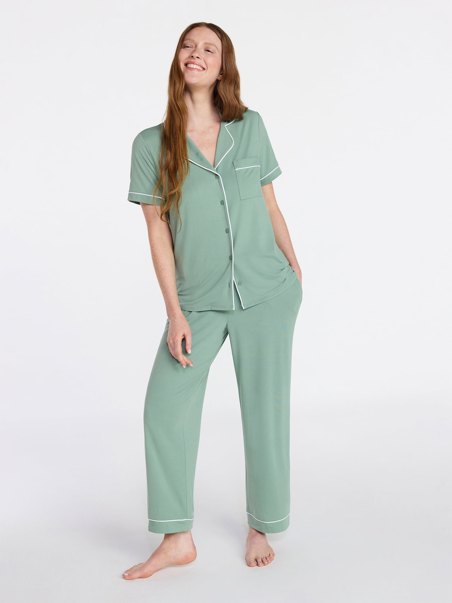 Joyspun Women's Dreamy Soft Collection Notch Collar Top and Capri Pants ...