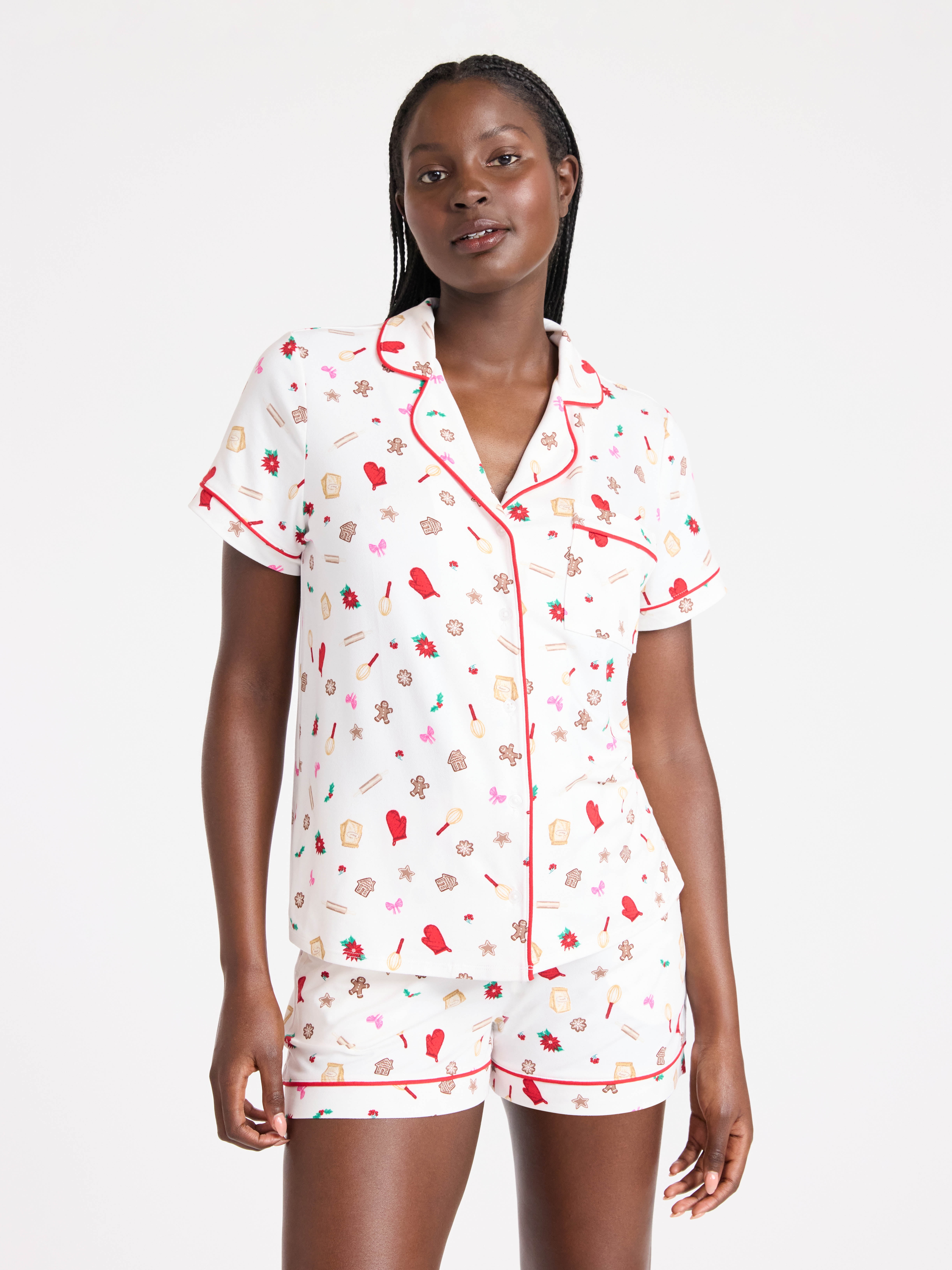 Joyspun Women’s Dreamy Soft Collection Notch Collar Knit Top and Boxer Shorts Pajama Set, Sizes ...