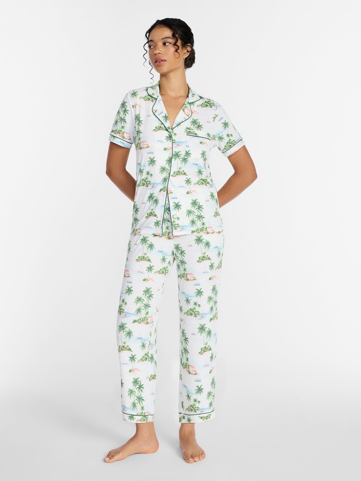 Joyspun Women's Dreamy Soft Collection Notch Collar Top and Capri Pants ...