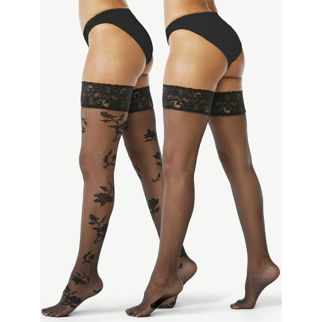 Joyspun Women's Floral and Sheer Thigh Highs, 2-Pack, Sizes in Regular and Plus - Walmart.com