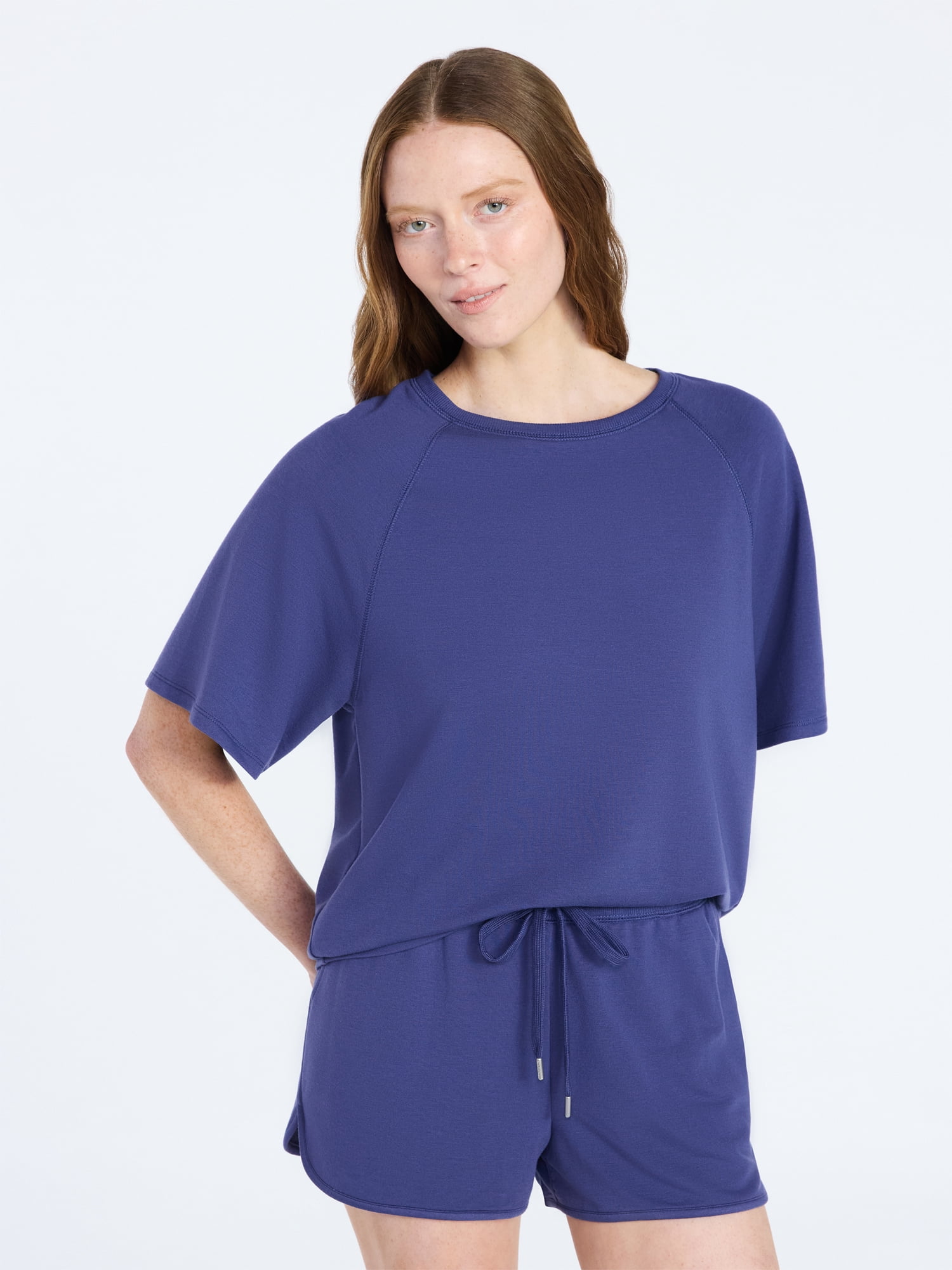 Joyspun Women's French Terry Lounge Sleep Short Sleeve Top and Shorts ...