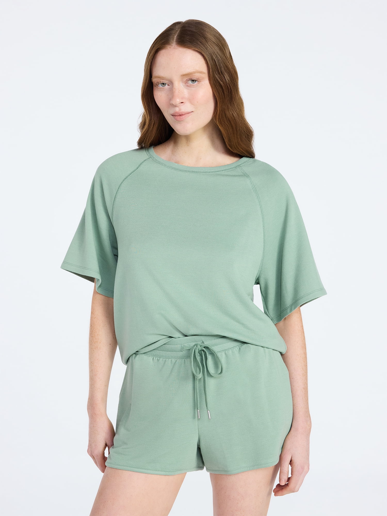 Joyspun Women's French Terry Lounge Sleep Short Sleeve Top and Shorts ...