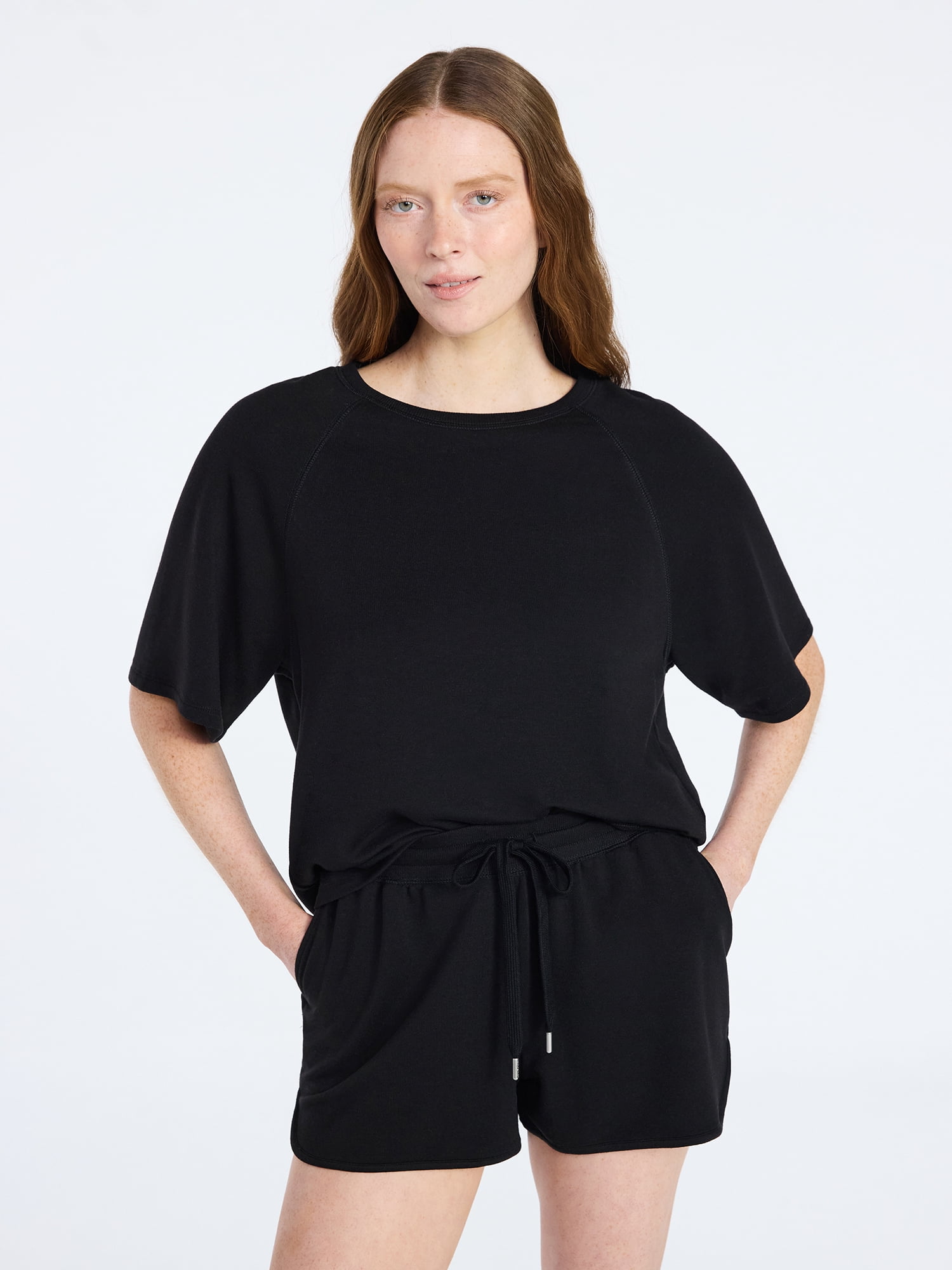 Joyspun Women's French Terry Lounge Sleep Short Sleeve Top and Shorts ...