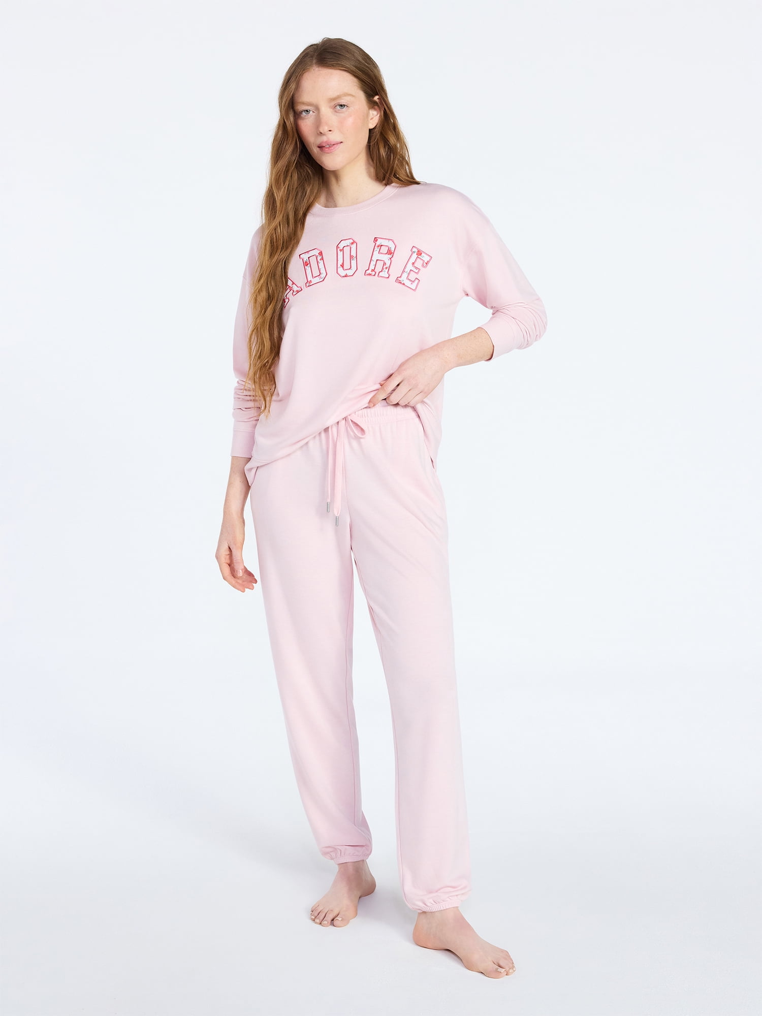 Joyspun Women's French Terry Long Sleeve Sleep Top and Joggers Lounge ...