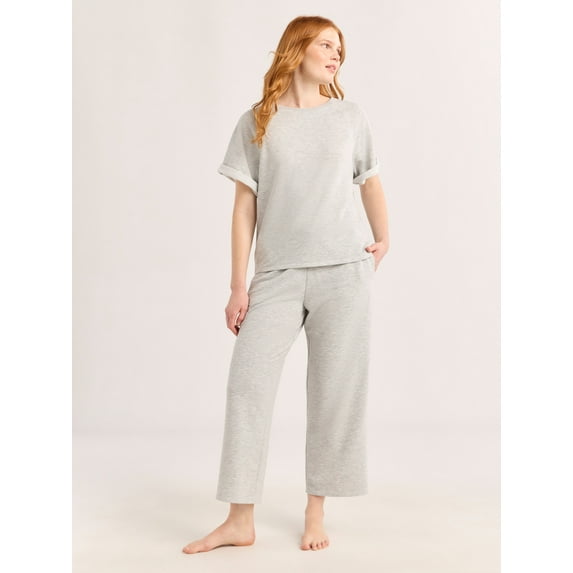 Joyspun Women's French Terry Short Sleeve Top and Capri Pants Set, 2-Piece, Sizes XS-3X ...