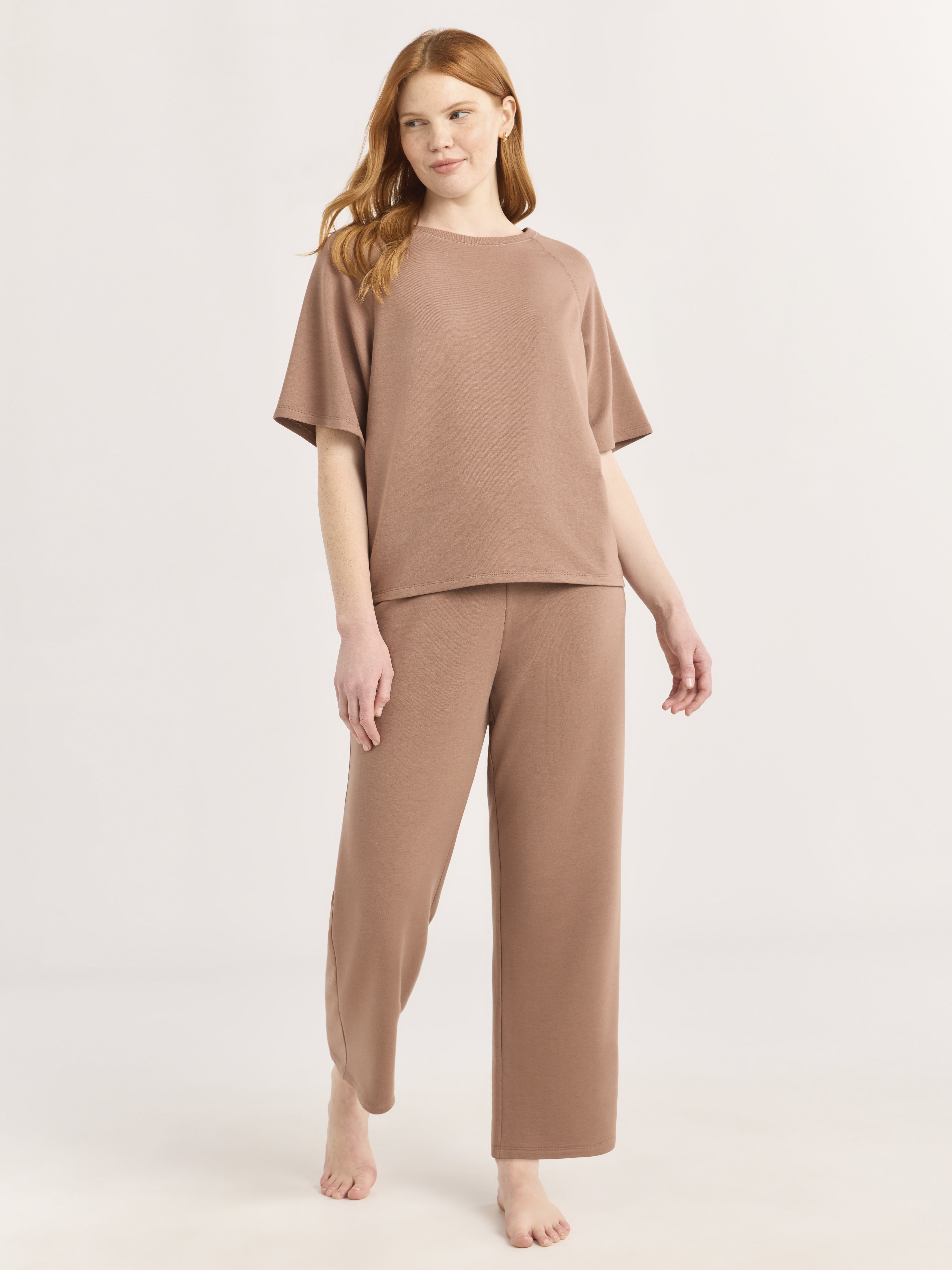 Joyspun Women's French Terry Short Sleeve Top and Capri Pants Set, 2 ...