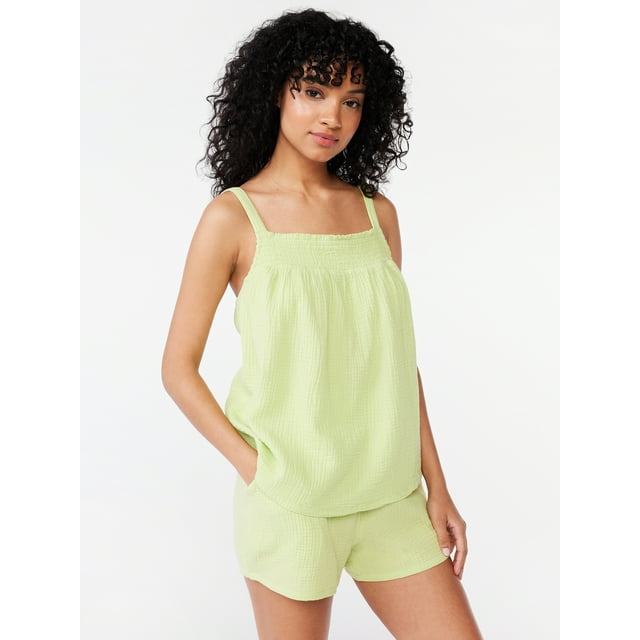 Joyspun Women's Gauze Smocked Cami Top and Shorts Sleep Set, Sizes S to ...