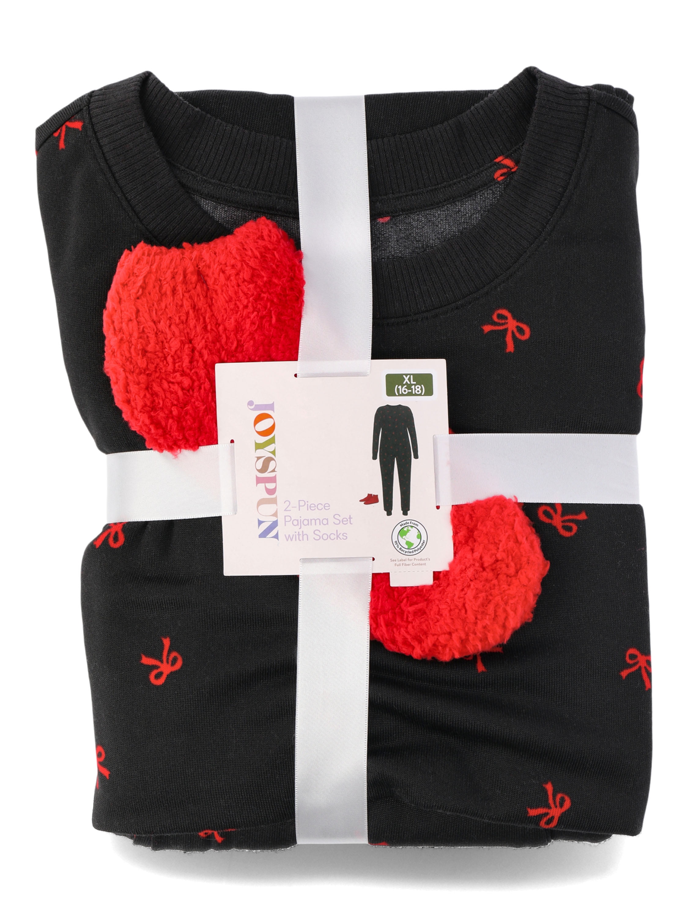 Joyspun Women's Bow Print Top, Joggers and Socks Pajama Gift Set, 3 ...