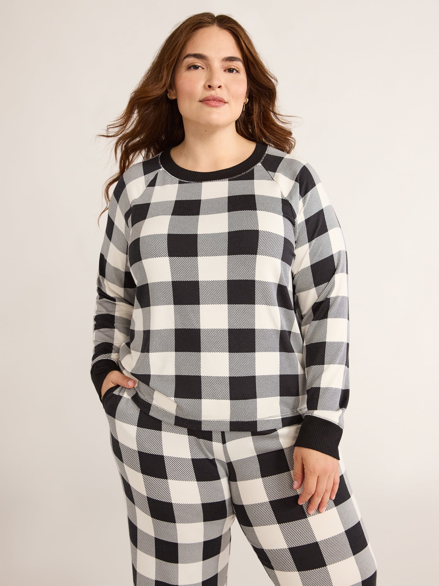 Joyspun Women's Hacci Knit Plaid Sleep Top Long Sleeve Sparkle Pajamas ...