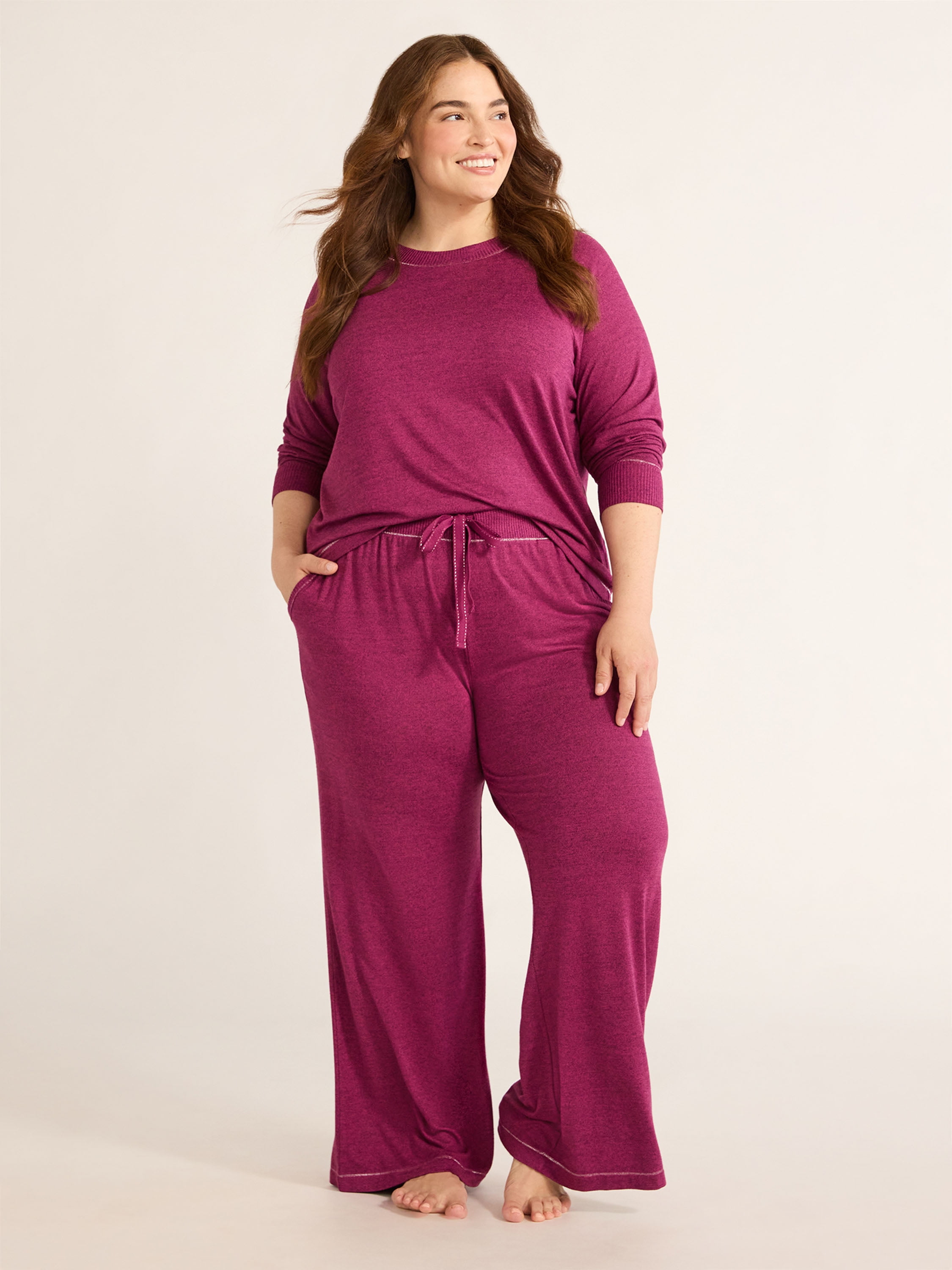 Joyspun Women's Long Sleeve Hacci Knit Sleep Top, Sizes XS-3X, Soft ...