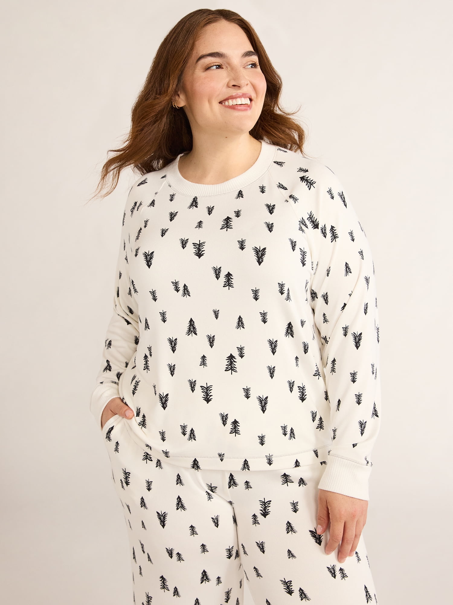 Joyspun Women's Soft Hacci Knit Tree Print Sleep Top with Sparkle Trim ...