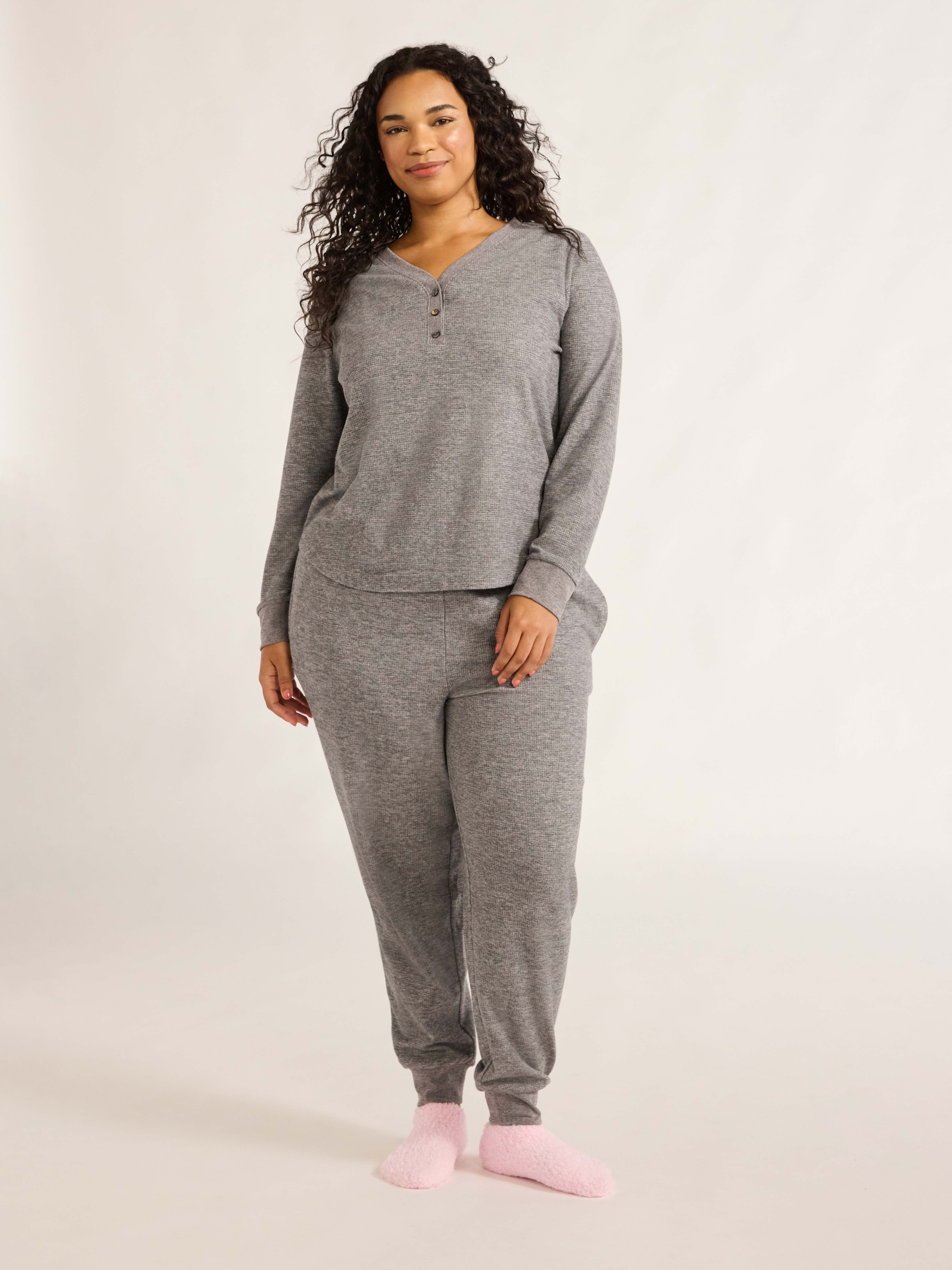 Joyspun Women's Velour Waffle Henley Sleep Top, Jogger Pants and Socks ...