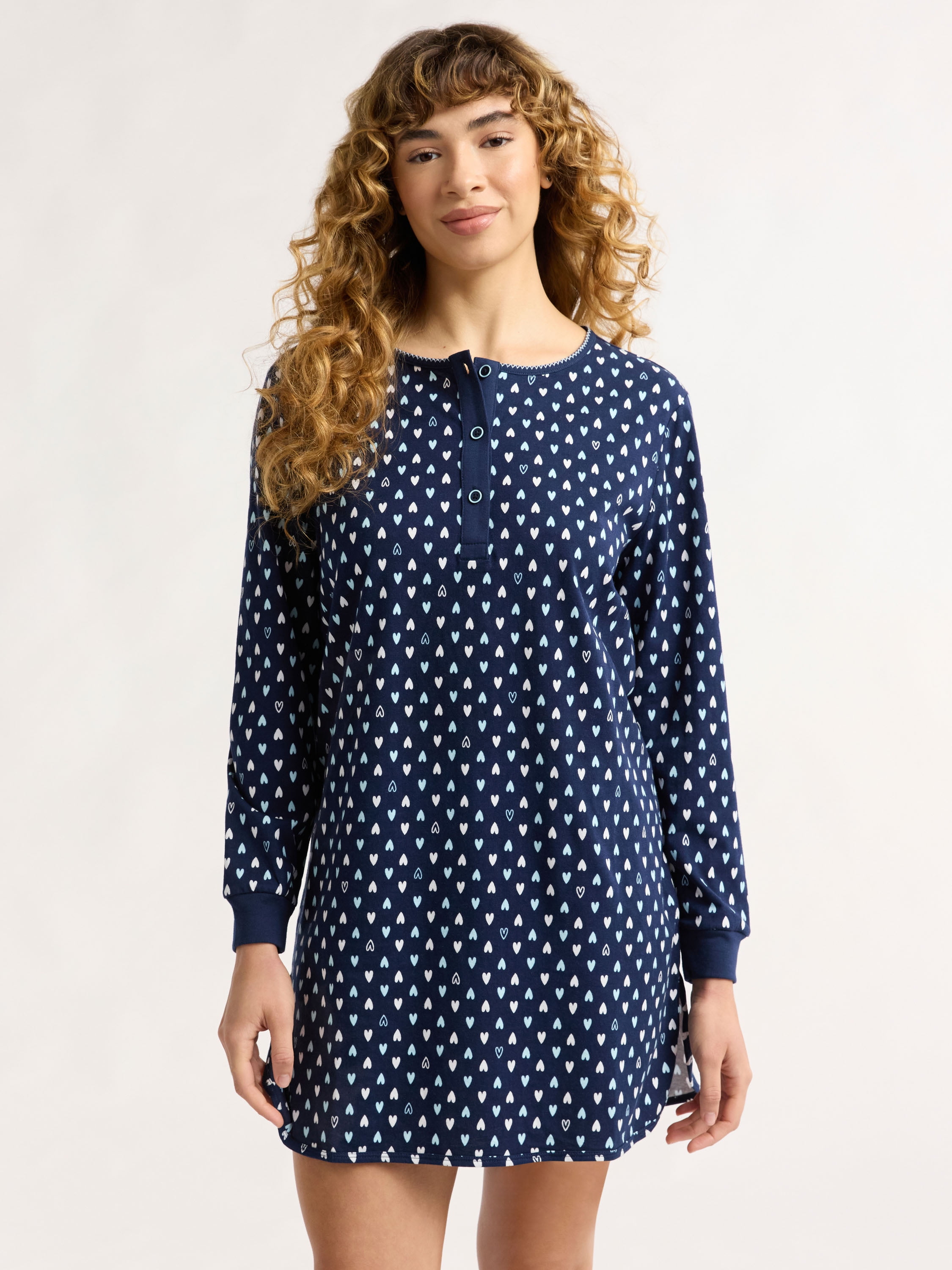 Joyspun Women's Soft Cotton Jersey Knit Henley Sleepshirt, Sizes S to ...