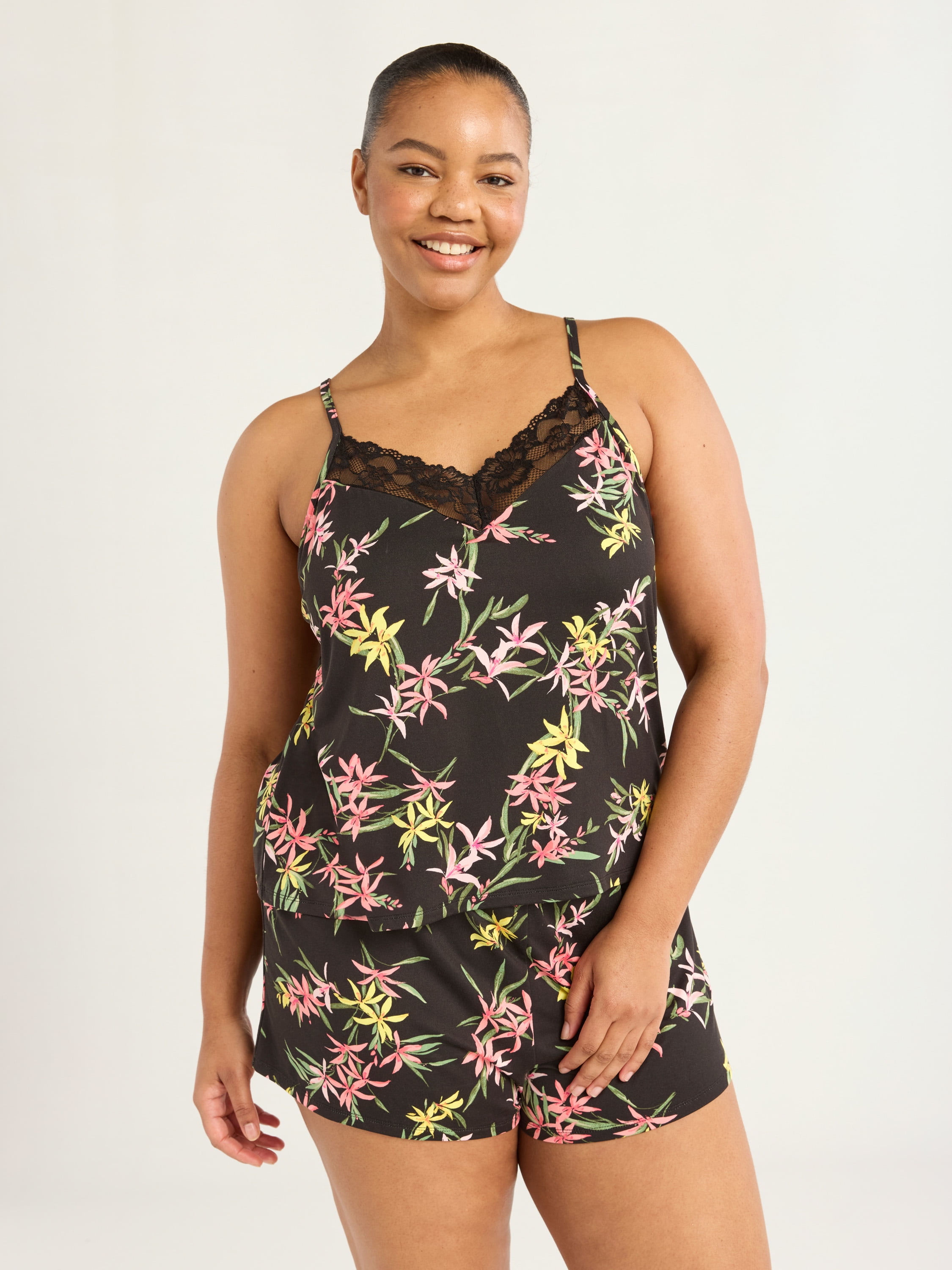 Joyspun Women’s Knit Cami and Shorts Pajama Set with Lace Trim, Sizes ...