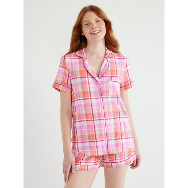 Joyspun Women’s Short Sleeve Knit Notch Collar Top and Shorts Pajama ...
