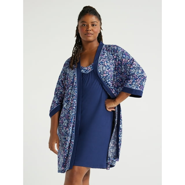 Joyspun Women's Knit Short Chemise and Robe Pajama Set, 2-Piece, Sizes ...