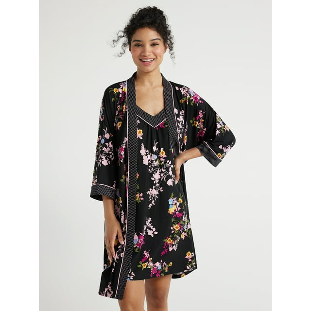 Joyspun Women's Knit Short Chemise and Robe Pajama Set, 2-Piece, Sizes ...