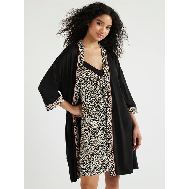 Joyspun Women's Knit Chemise and Robe Pajama Set, Soft and Comfortable ...