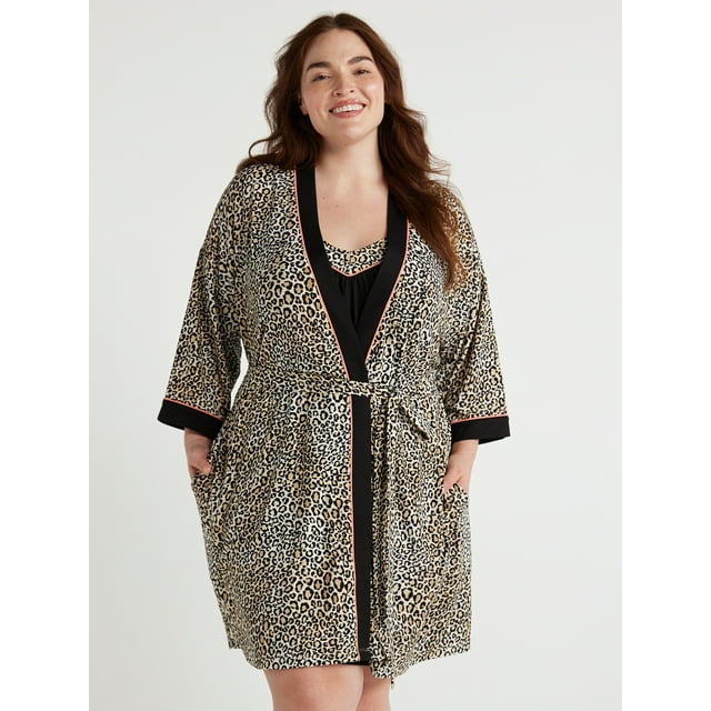 Joyspun Women's Knit Short Chemise and Robe Pajama Set, 2-Piece, Sizes ...