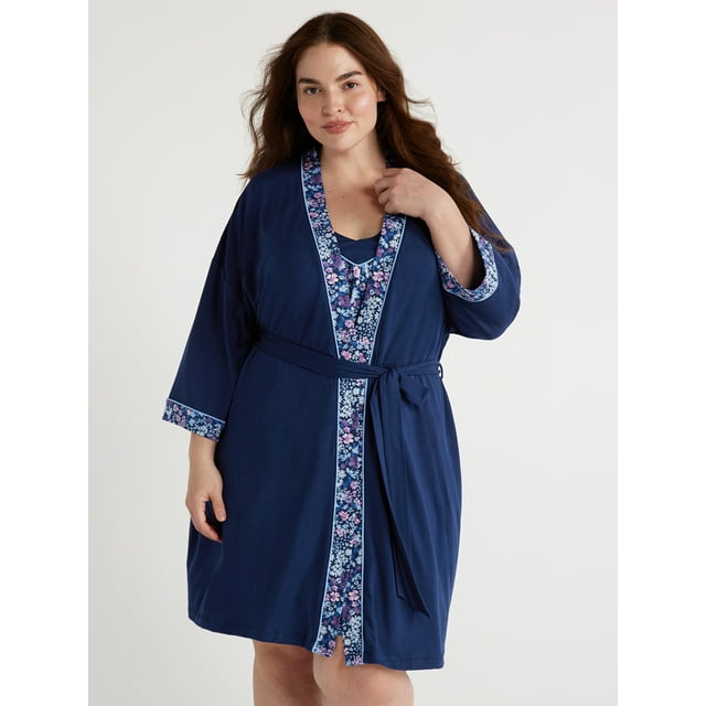 Joyspun Women's Knit Short Chemise and Robe Pajama Set, 2-Piece, Sizes ...