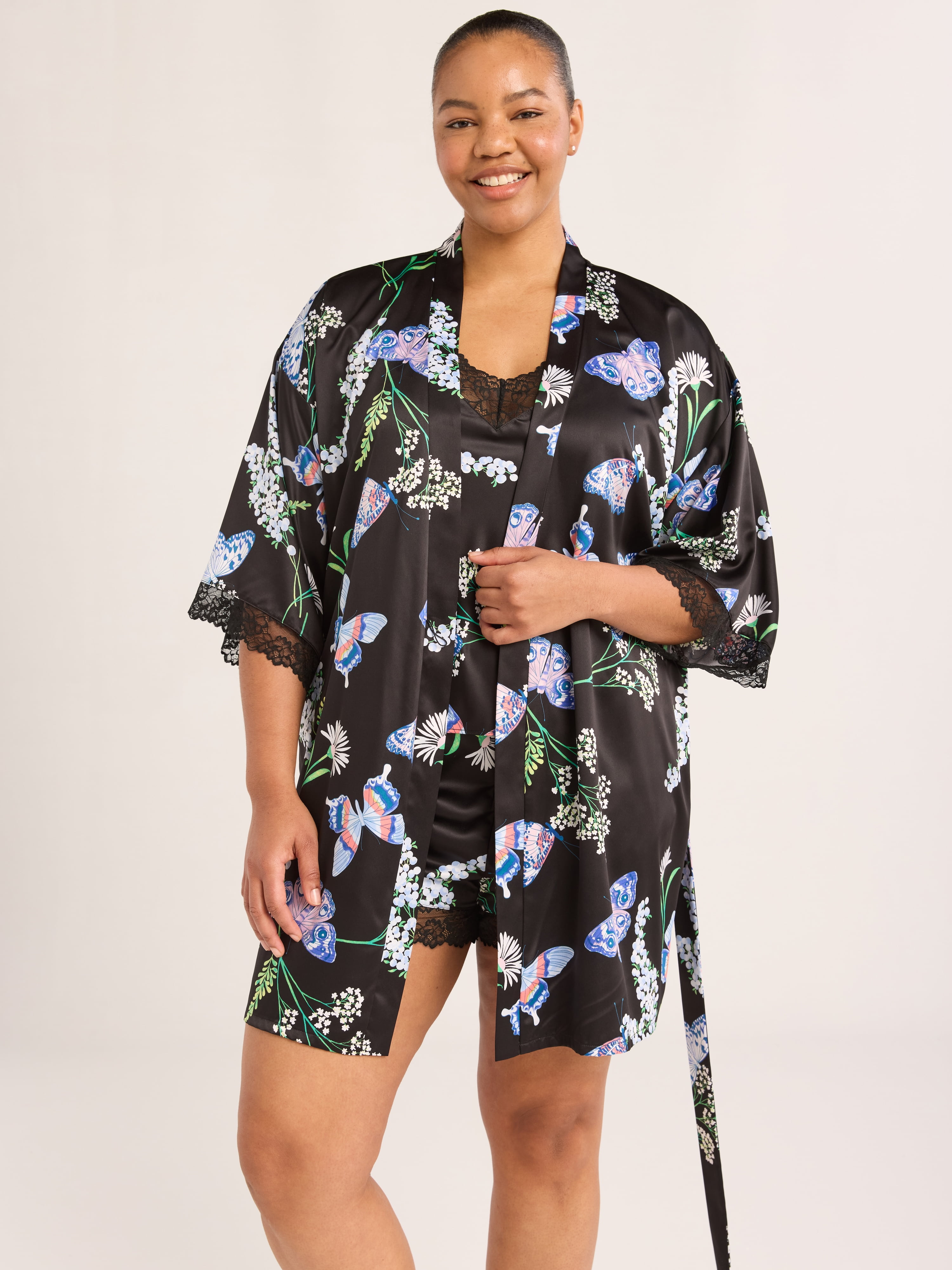 Joyspun Women's Lace Trim Satin Robe Sizes S to 3X with Self-Tie Belt ...