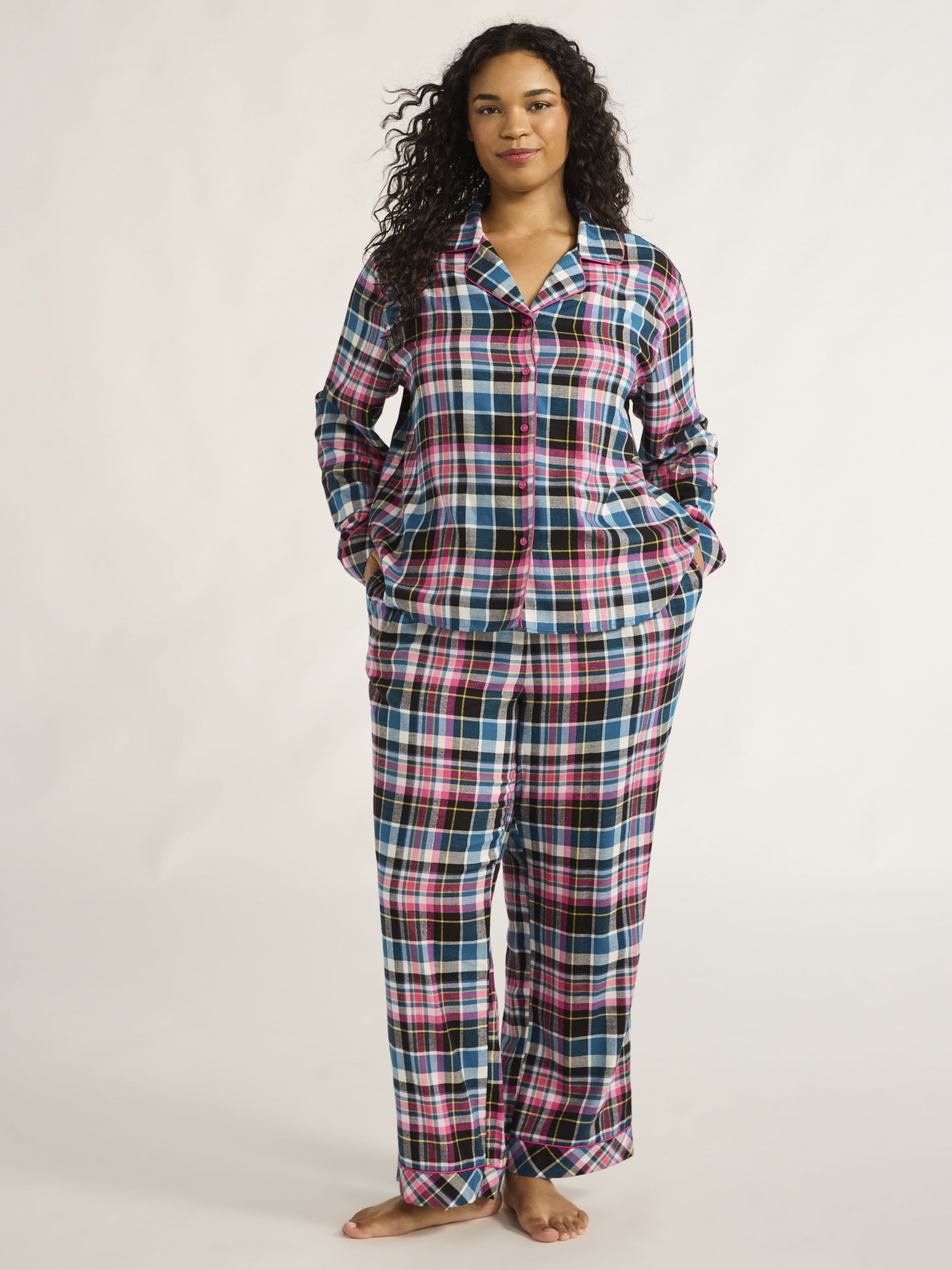 Joyspun Women's Flannel Long Sleeve Top and Pants Pajama Set, 2-Piece ...