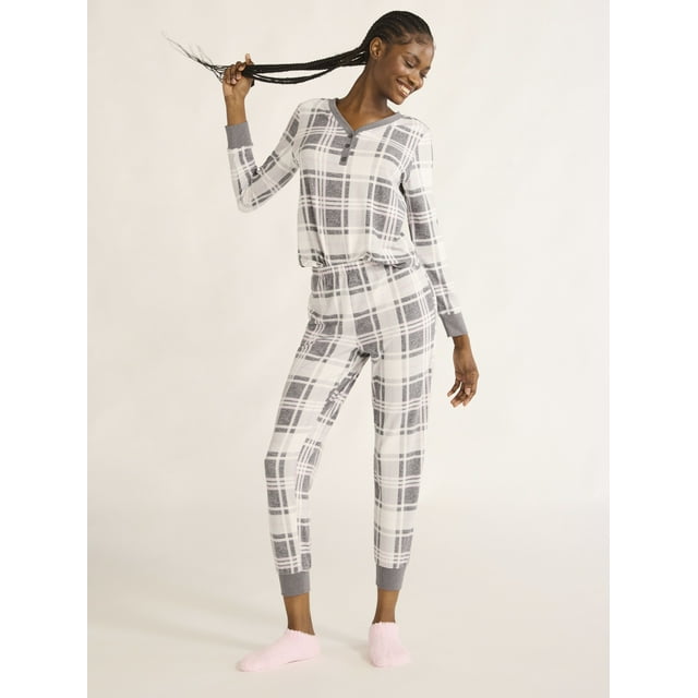 Joyspun Women's Velour Waffle Henley Sleep Top, Jogger Pants and Socks ...