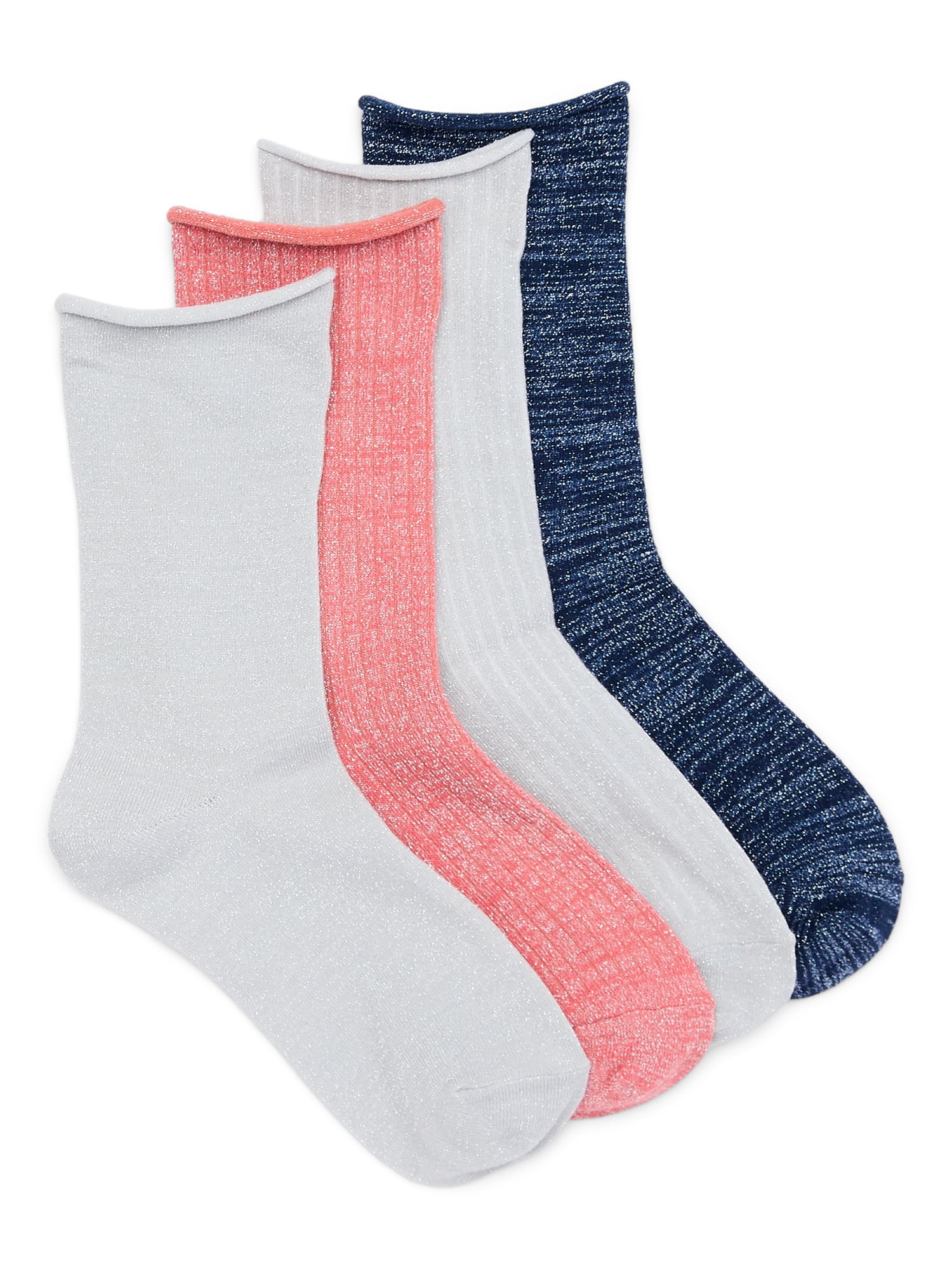 Joyspun Women's Shimmer Chic Metallic Rolled Edge Crew Socks 4-Pack ...