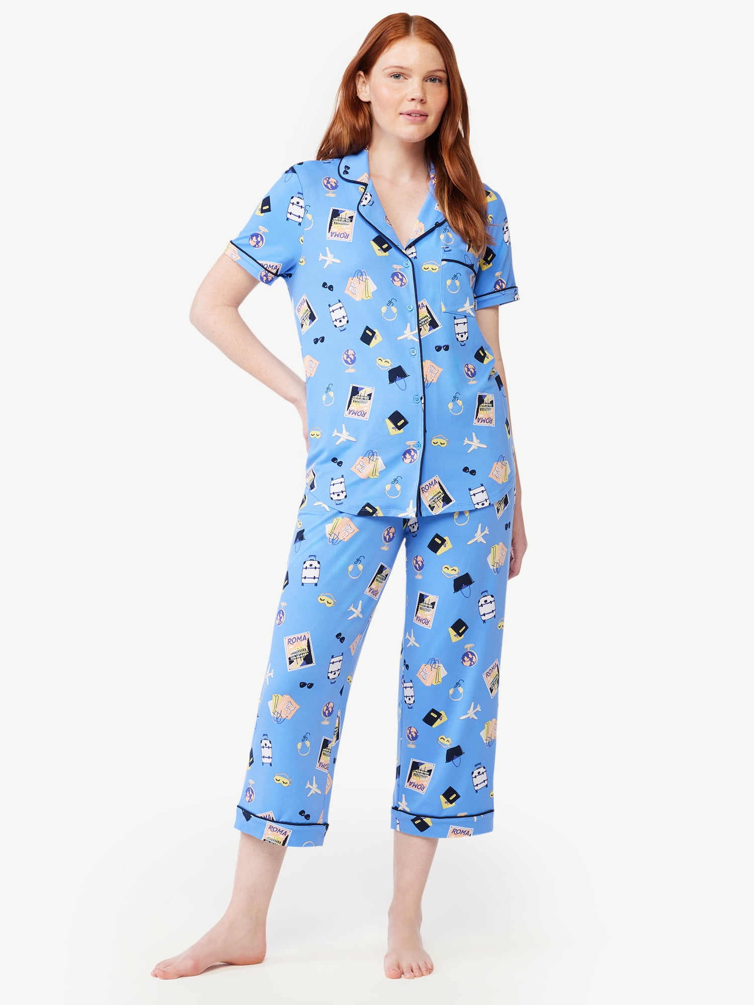 Joyspun Women's Notch Collar Top and Capris Sleep Set, Soft Knit, Sizes ...