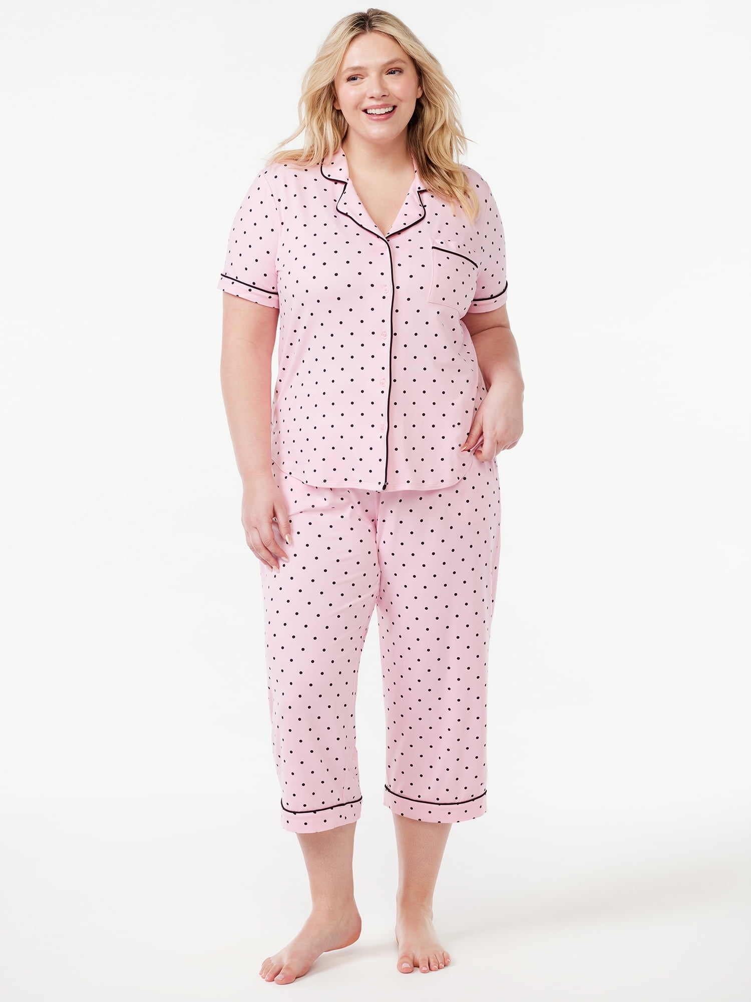 Joyspun Women's Pajama Set Notch Collar Top & Capris, Soft Knit, Sizes ...