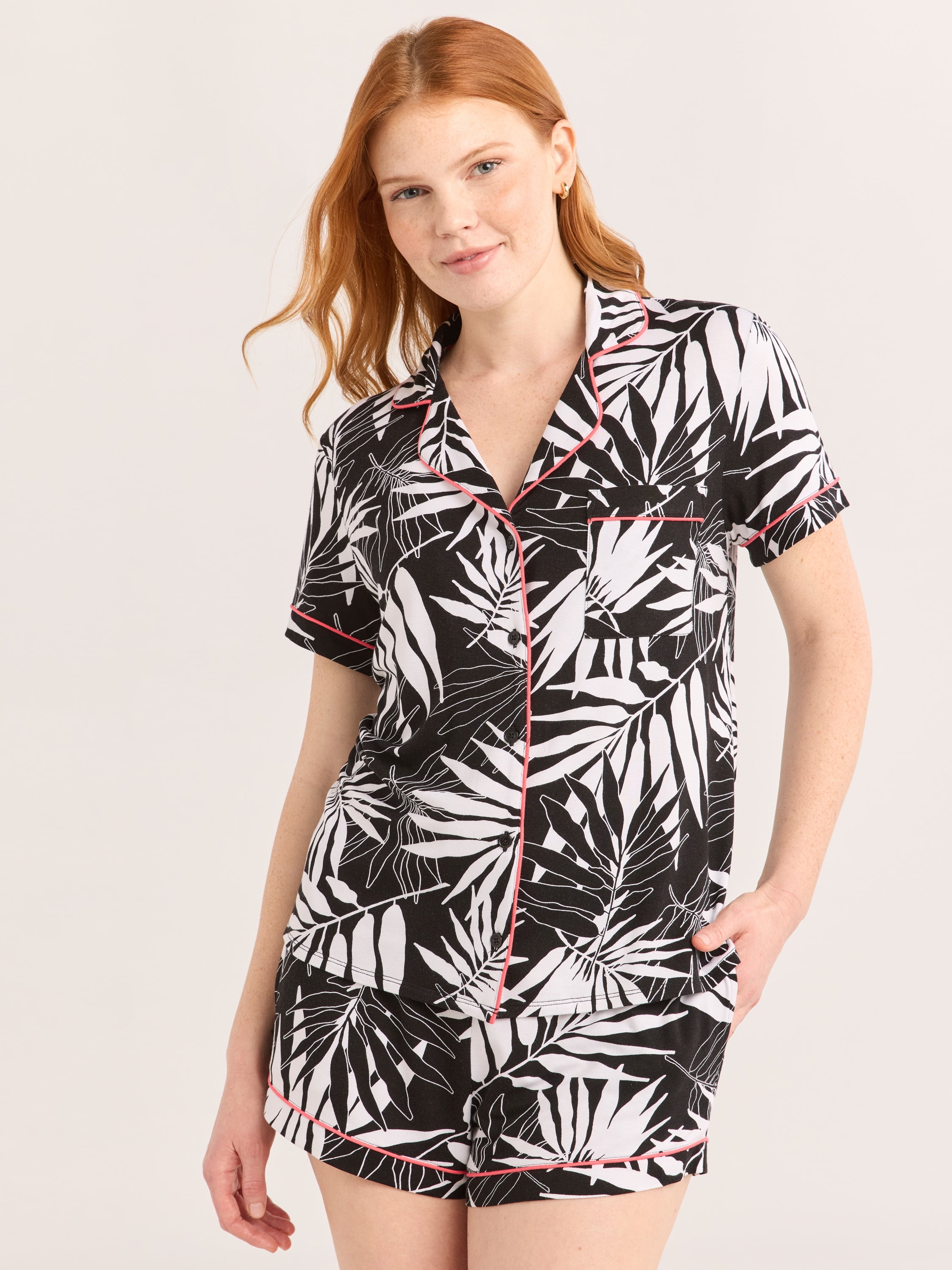 Joyspun Women’s Notch Collar Top and Shorts Pajama Set with Piping, 2 ...