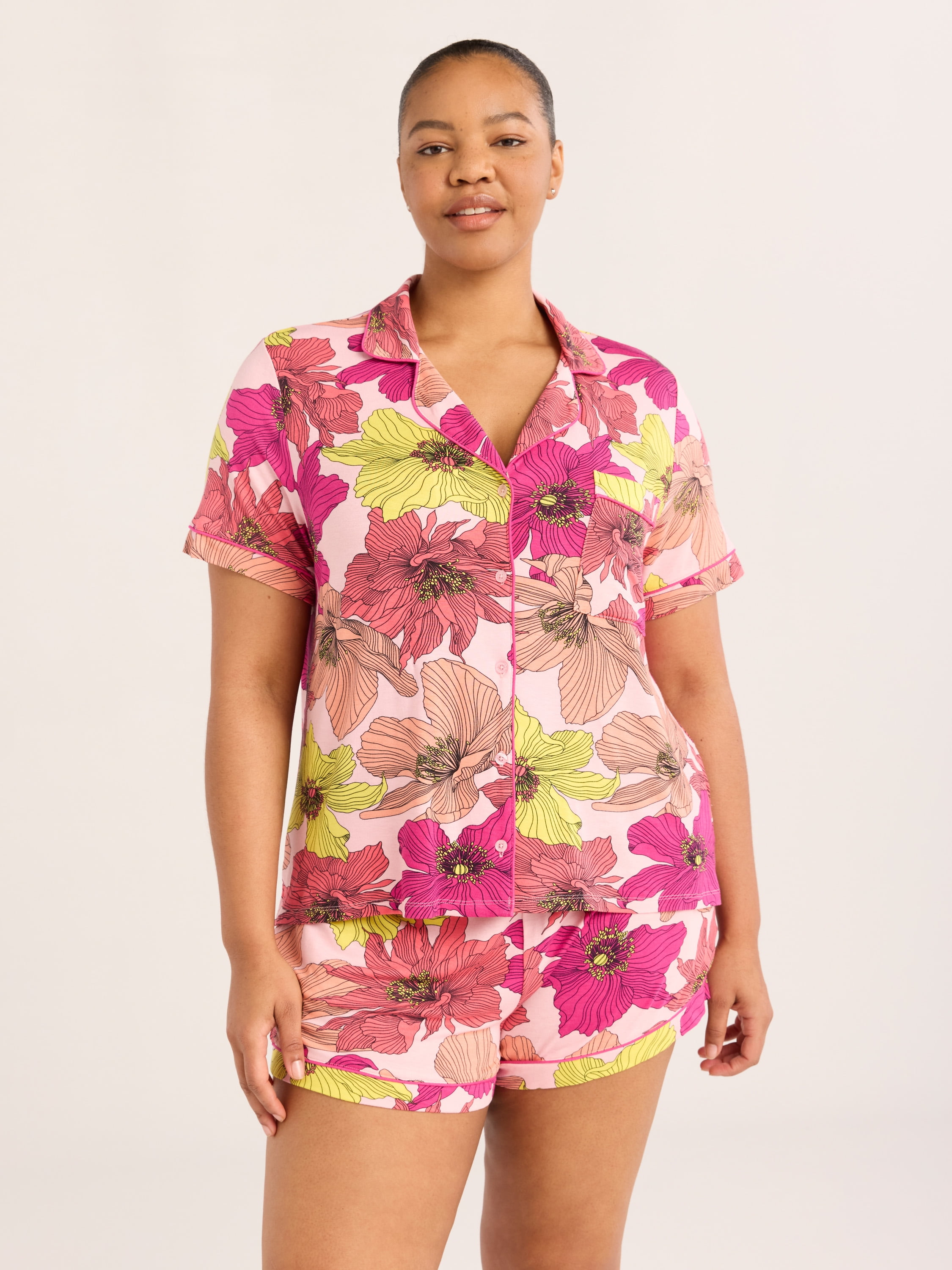 Joyspun Women's Notch Collar Top and Shorts Pajama Set with Piping ...