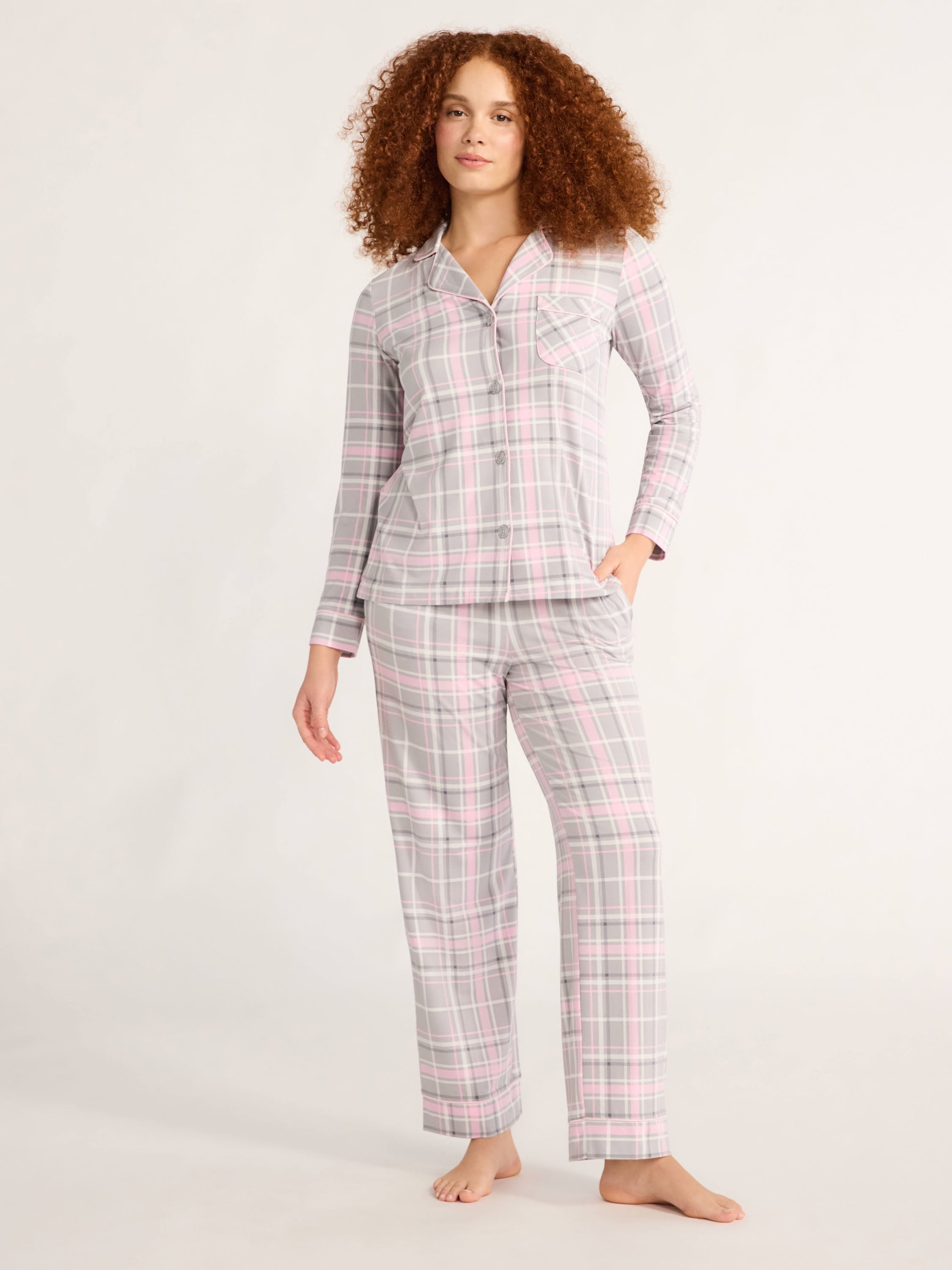 Joyspun Women's Cozy Jersey Notch Collar Top and Pants Pajama Set, 2 ...