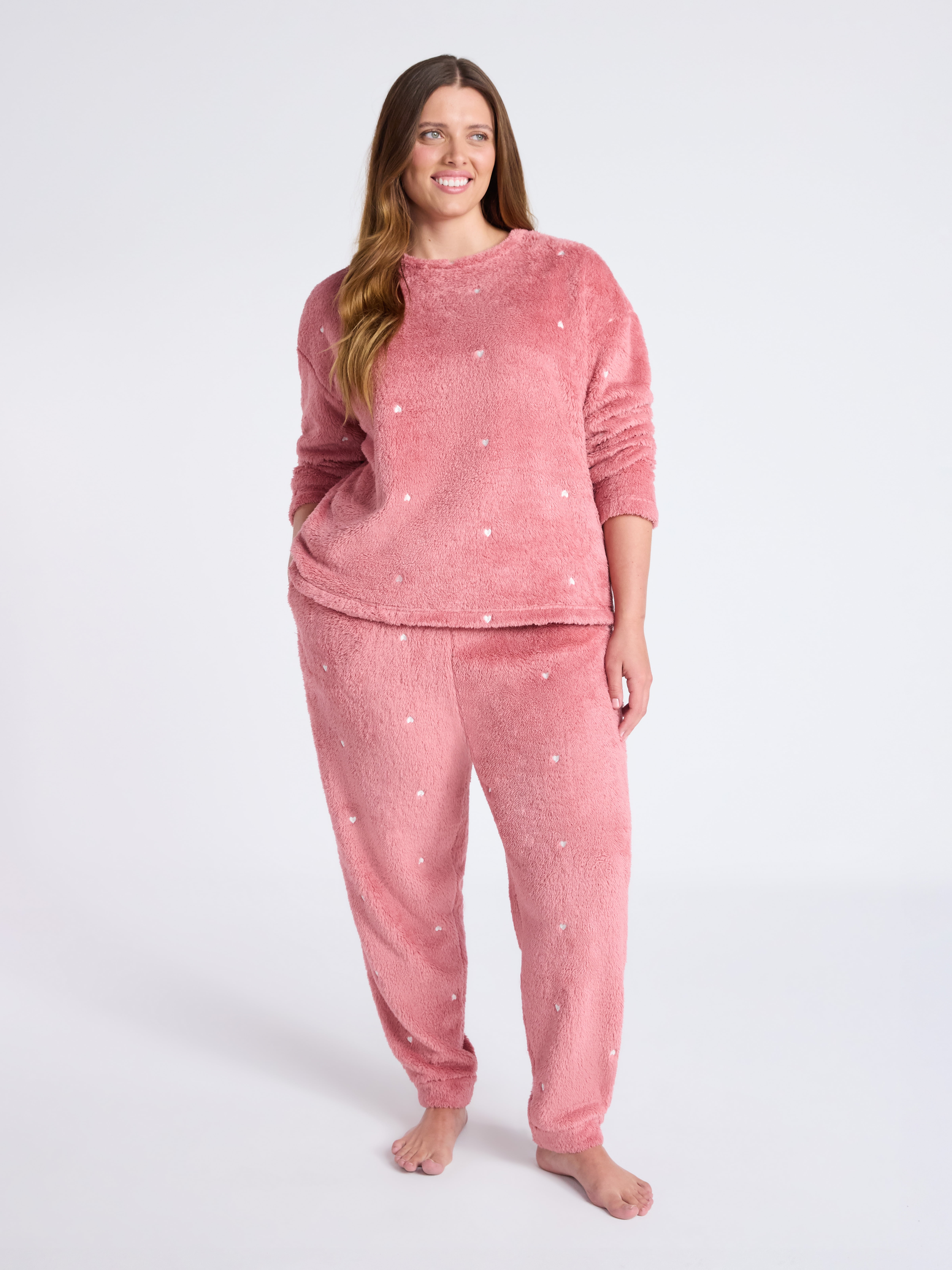 Joyspun Women's Plush Long Sleeve Top and Pants Pajama Set, 2-Piece ...