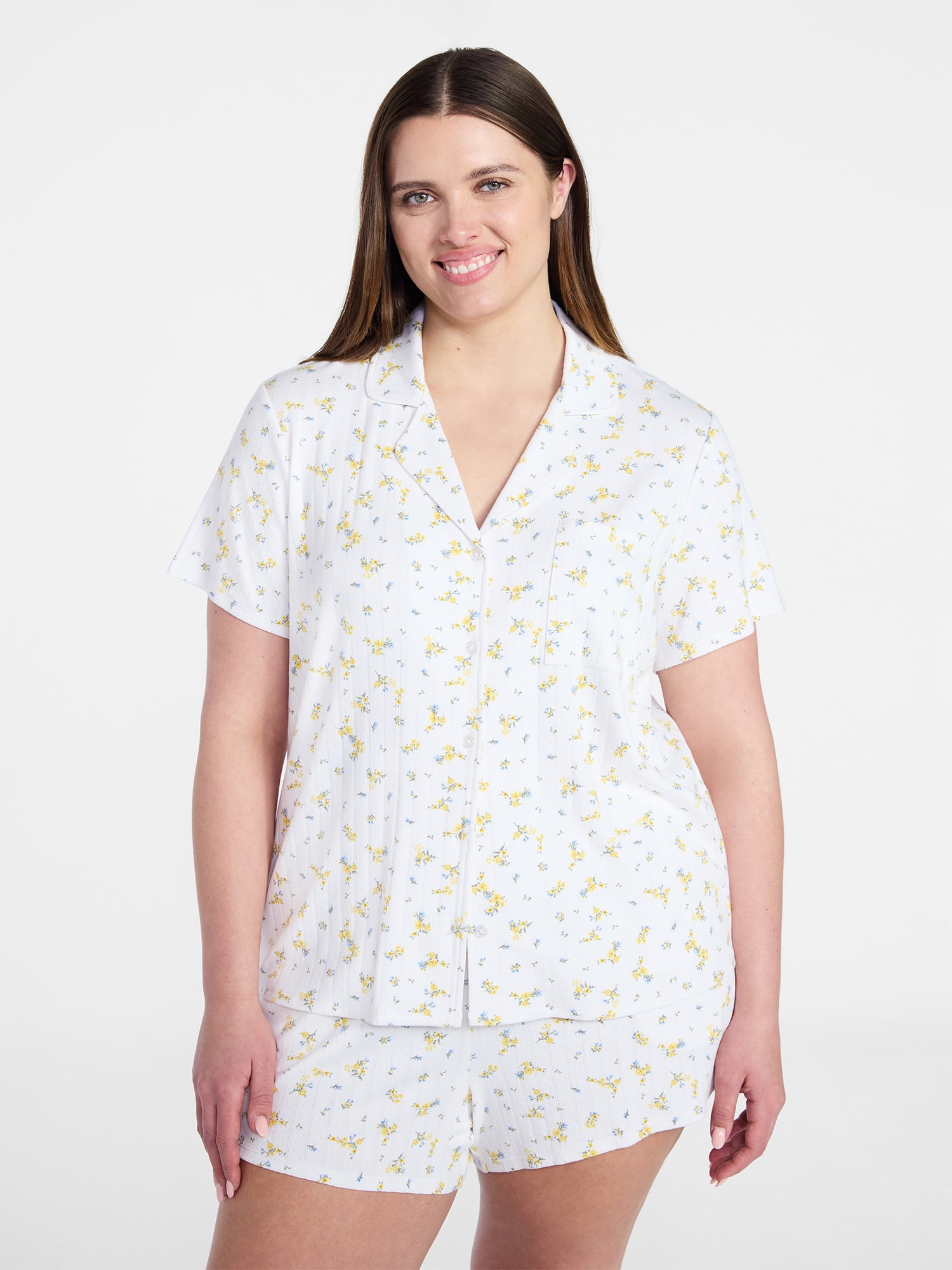 Joyspun Women’s Pointelle Knit Notch Top and Shorts Pajama Set, 2-Piece ...