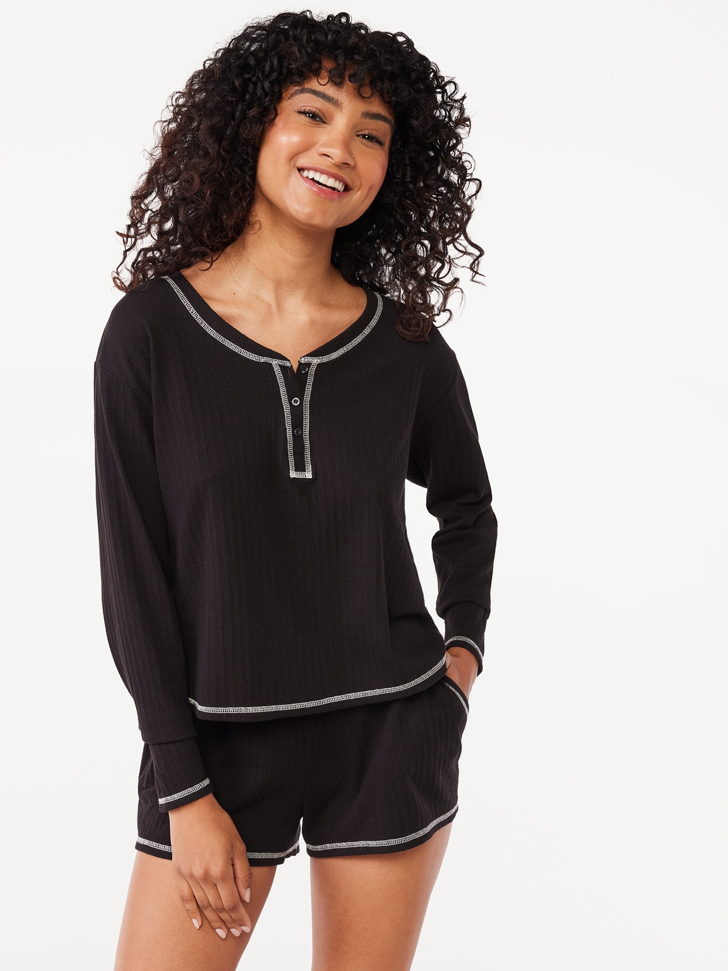 Joyspun Women's Rib Henley Top and Shorts Pajama Set, 2-Piece, Sizes XS ...