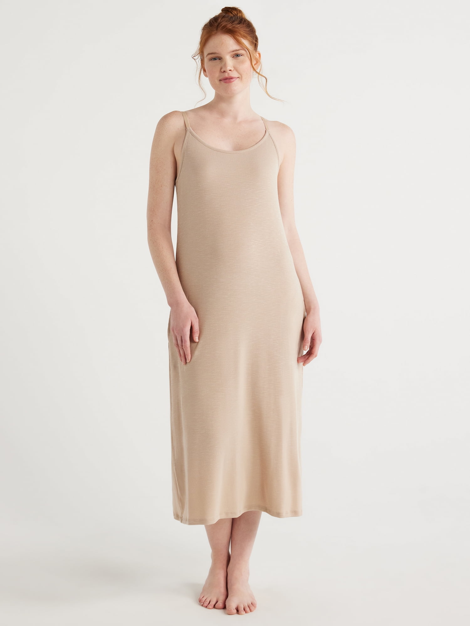 Joyspun Women's Ribbed Knit Sleep Chemise with Shelf Bra, Adjustable ...