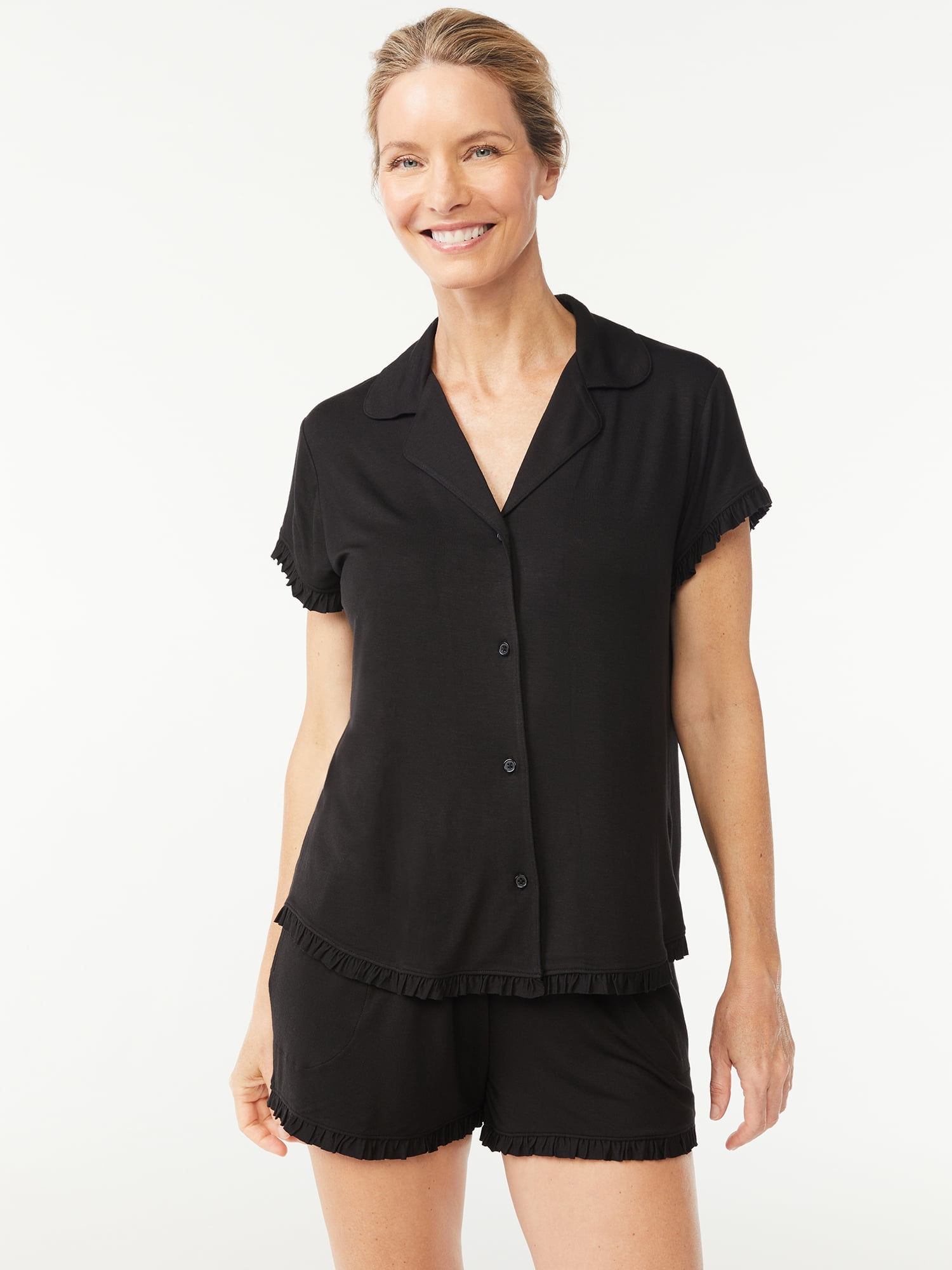 Joyspun Women's Ruffled Pajama Top and Shorts Set, 2-Piece, Sizes S to ...