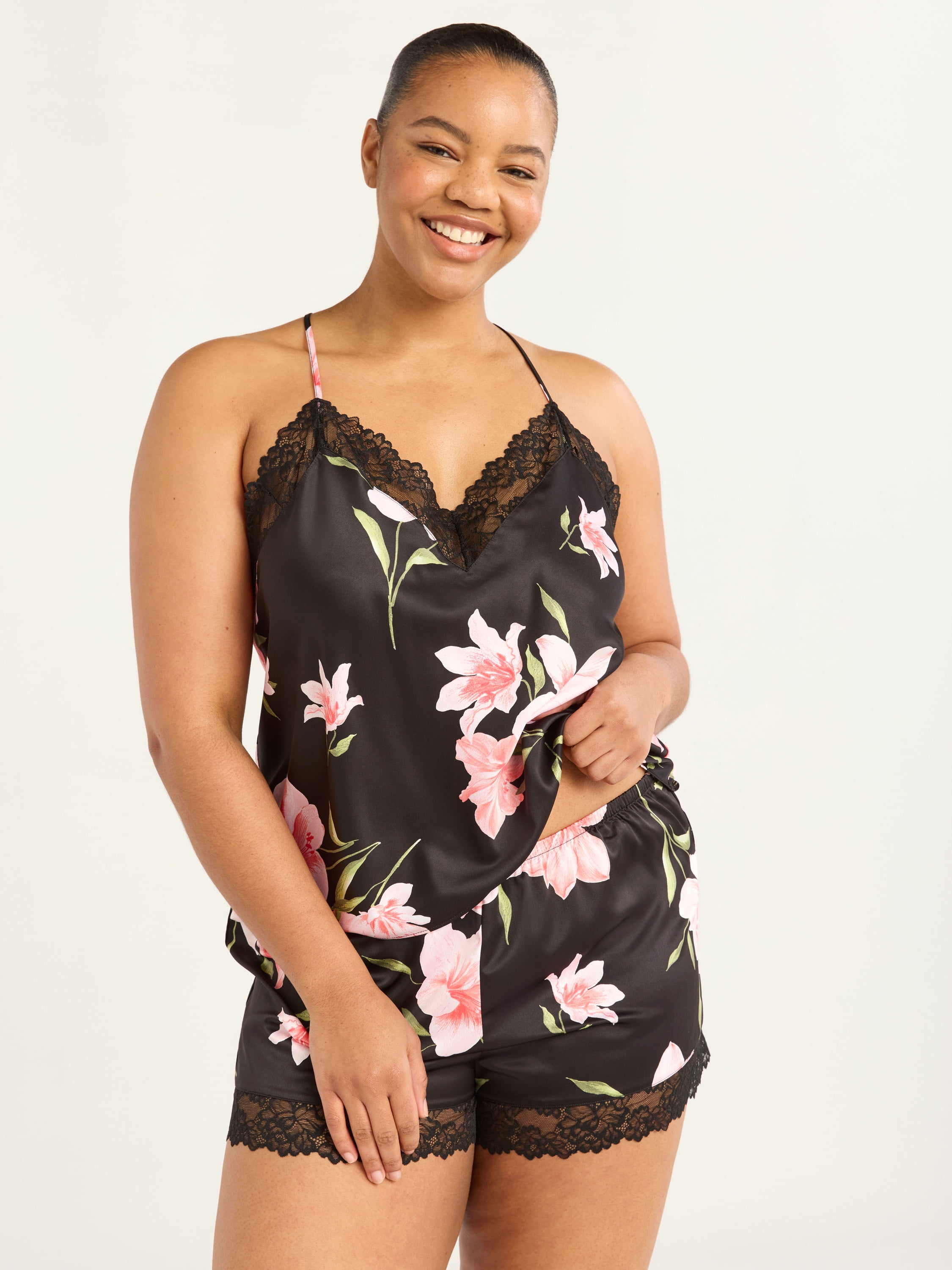 Joyspun Women’s Satin Cami and Shorts Pajama Set with Lace Trim, Sizes ...