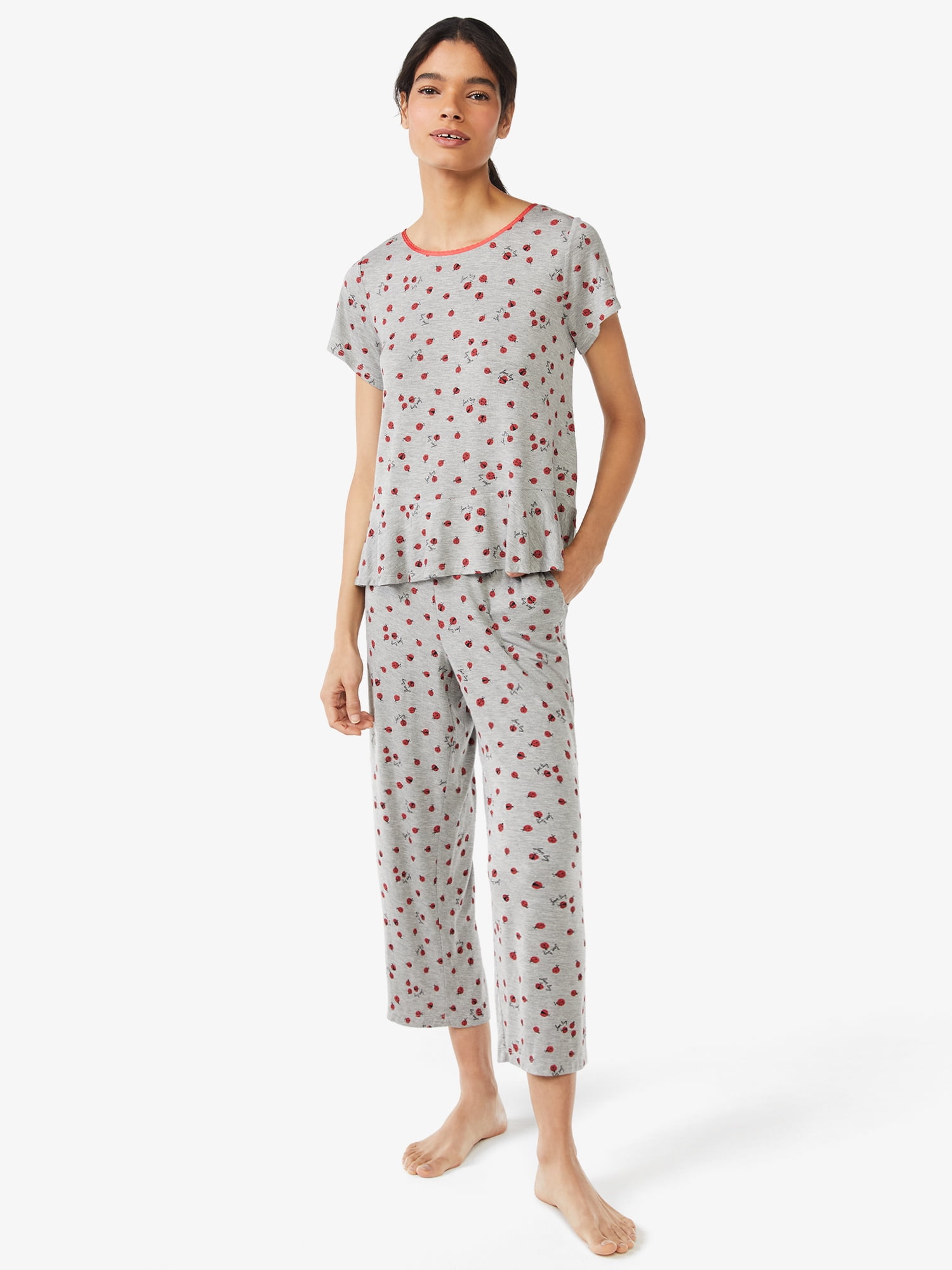 Joyspun Women's Scallop Trim Top and Capri Pants Sleep Set, 2-Piece ...