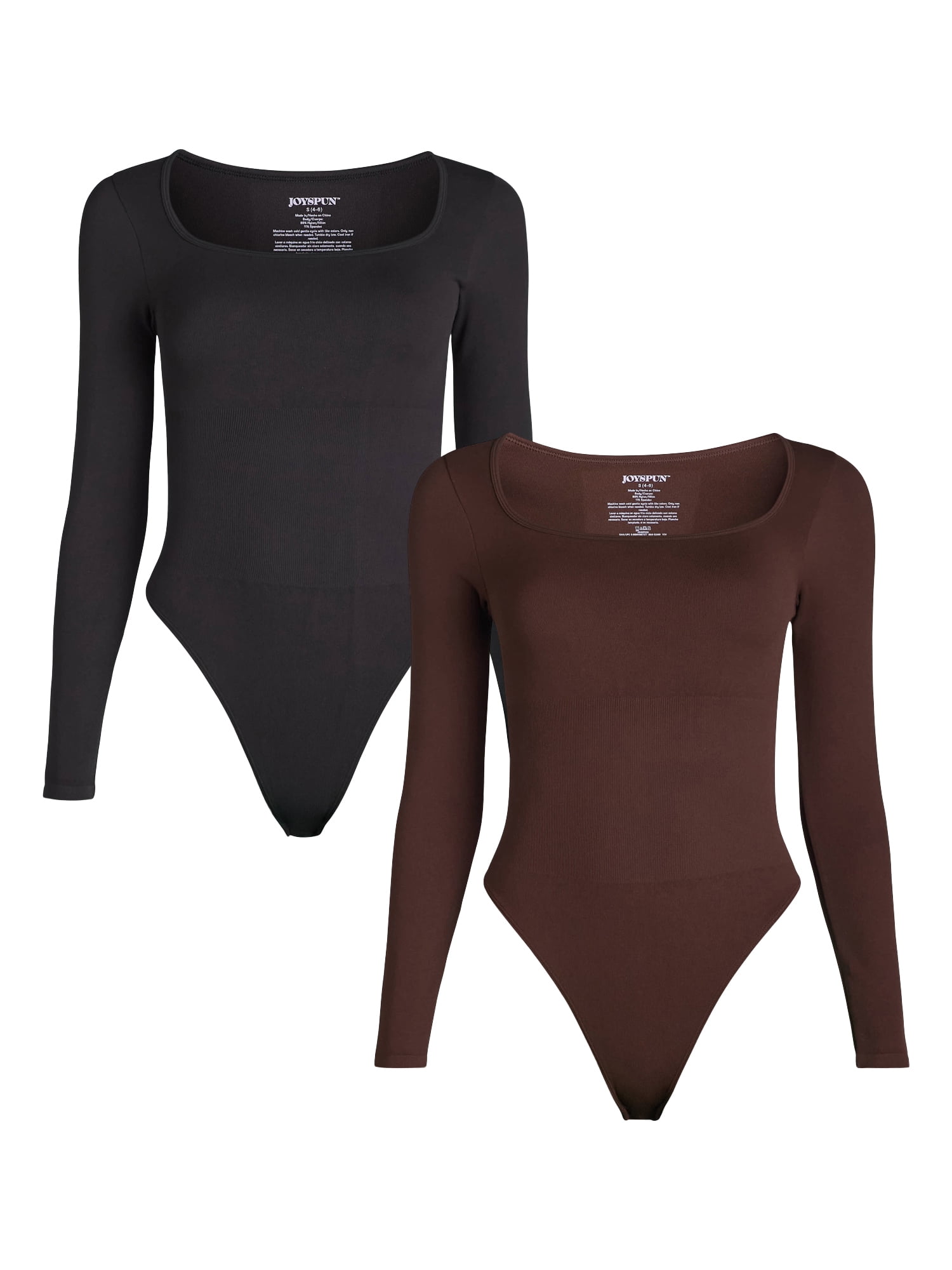 Joyspun Women's Seamless Shaping Long Sleeve Bodysuit 2-Pack, Sizes XS ...