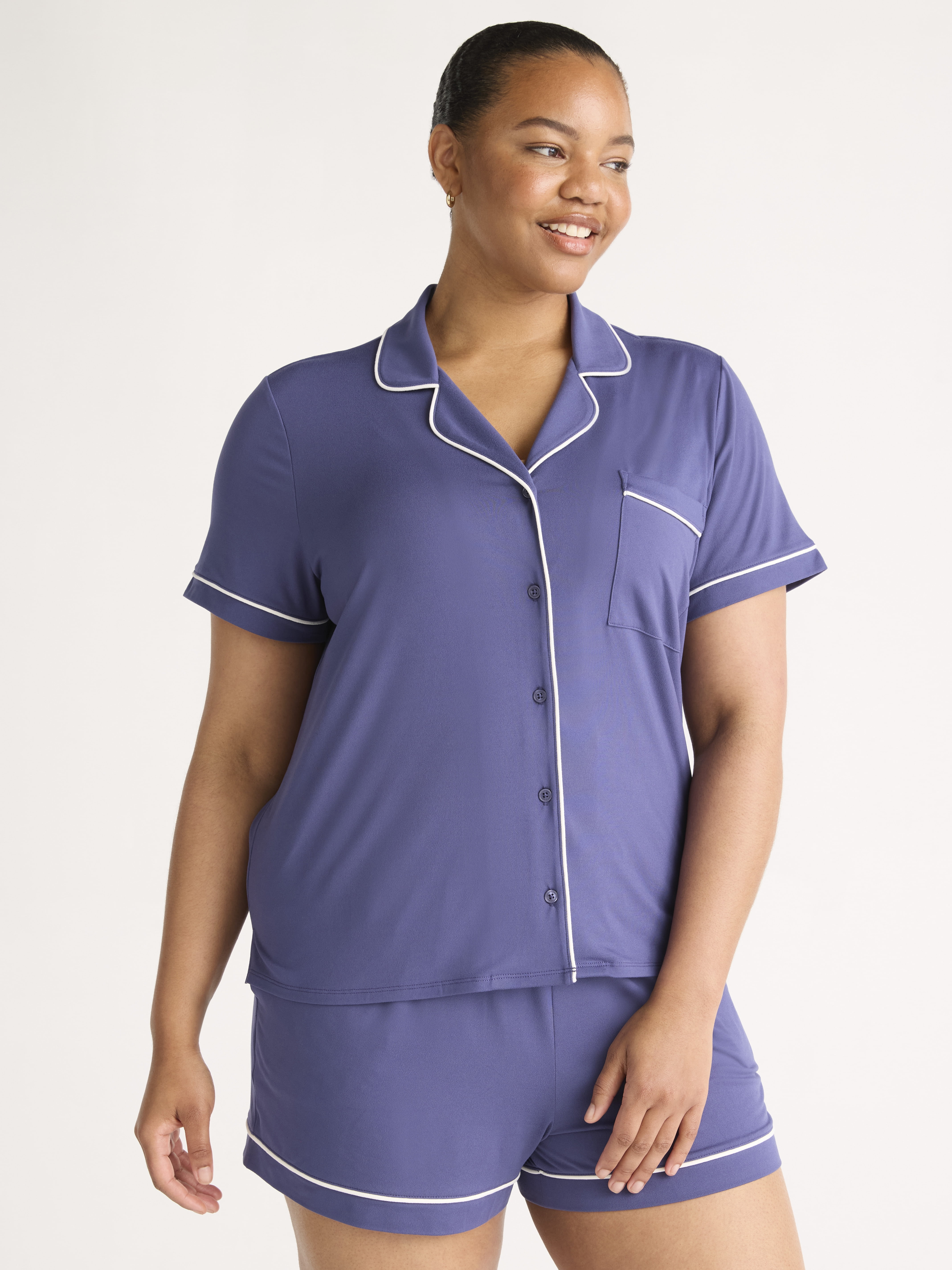 Joyspun Women’s Short Sleeve Knit Notch Collar Top and Shorts Pajama ...