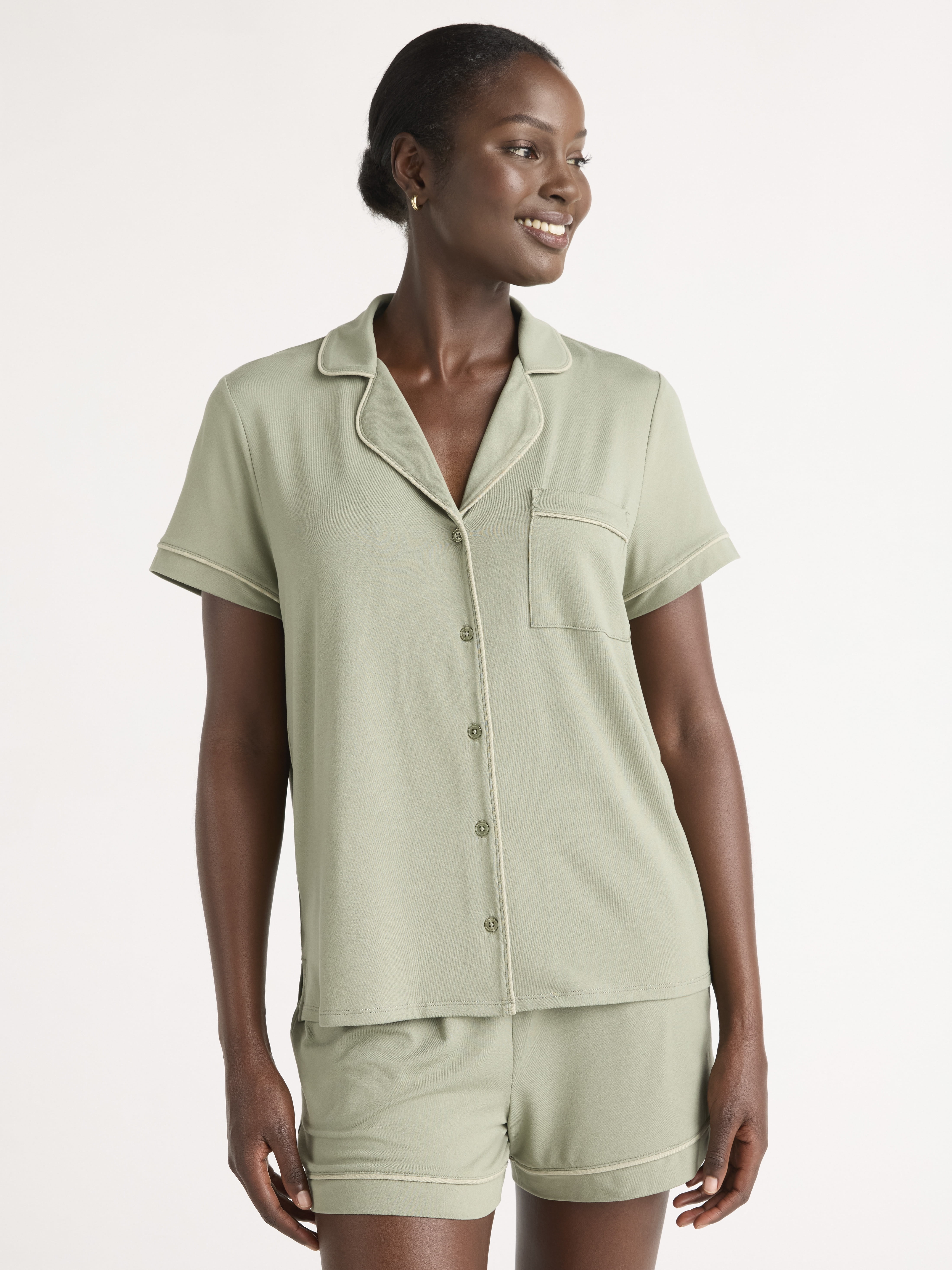 Joyspun Women’s Short Sleeve Knit Notch Collar Top and Shorts Pajama Set, 2-Piece, Sizes XS-3X ...